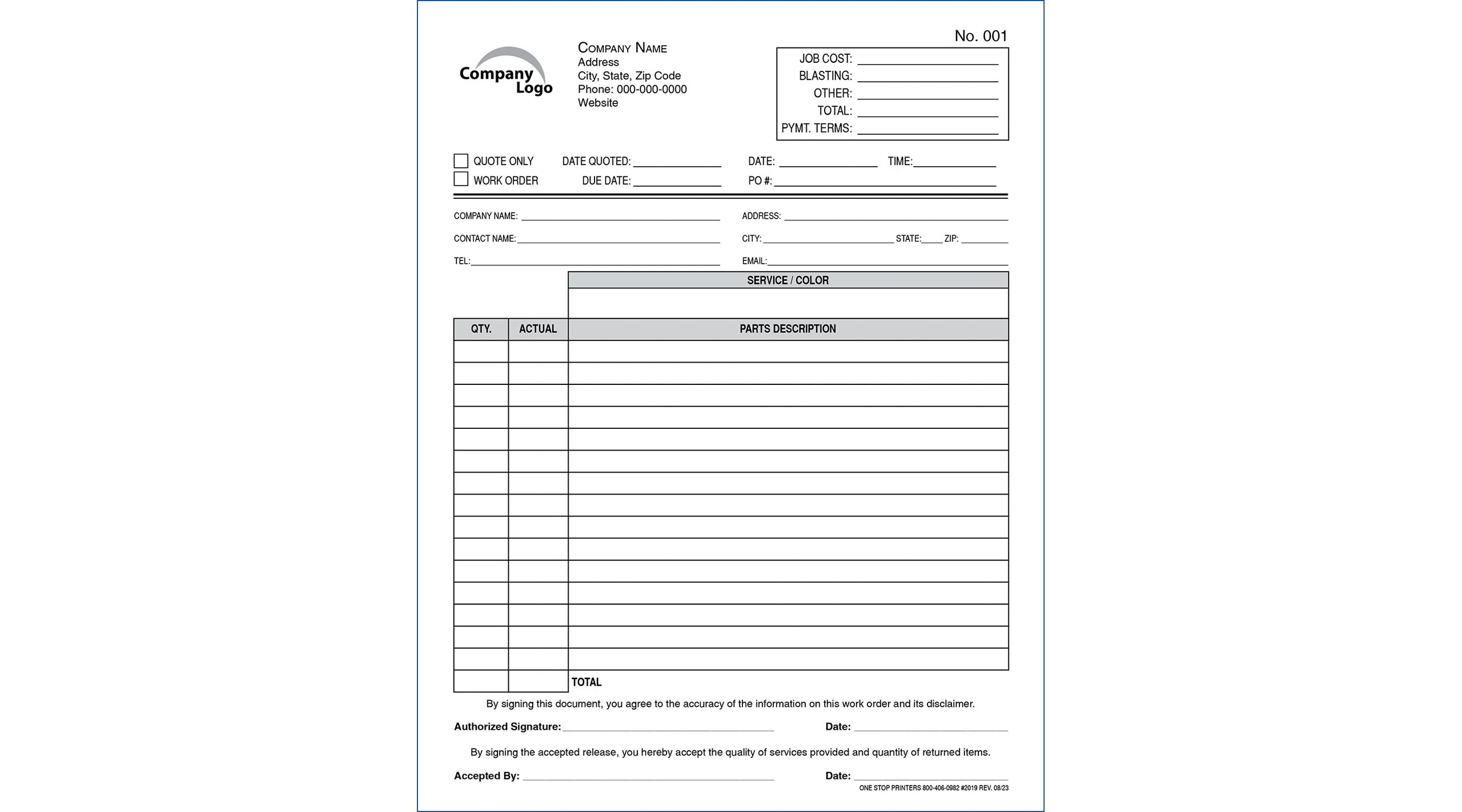 Powder Coating Work Order/Invoice