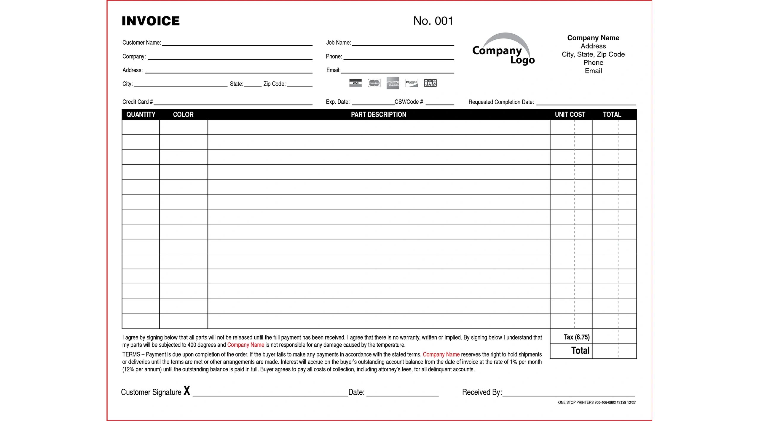 Powder Coating Invoice and Work Order