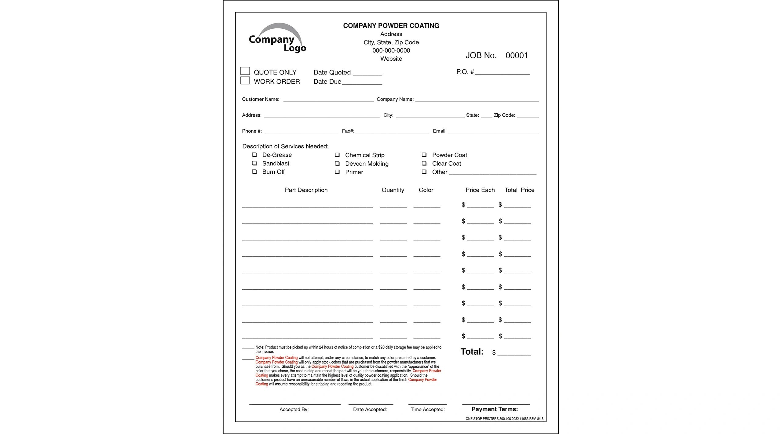 One Stop Printers’ Powder Coating Invoice/Work Order