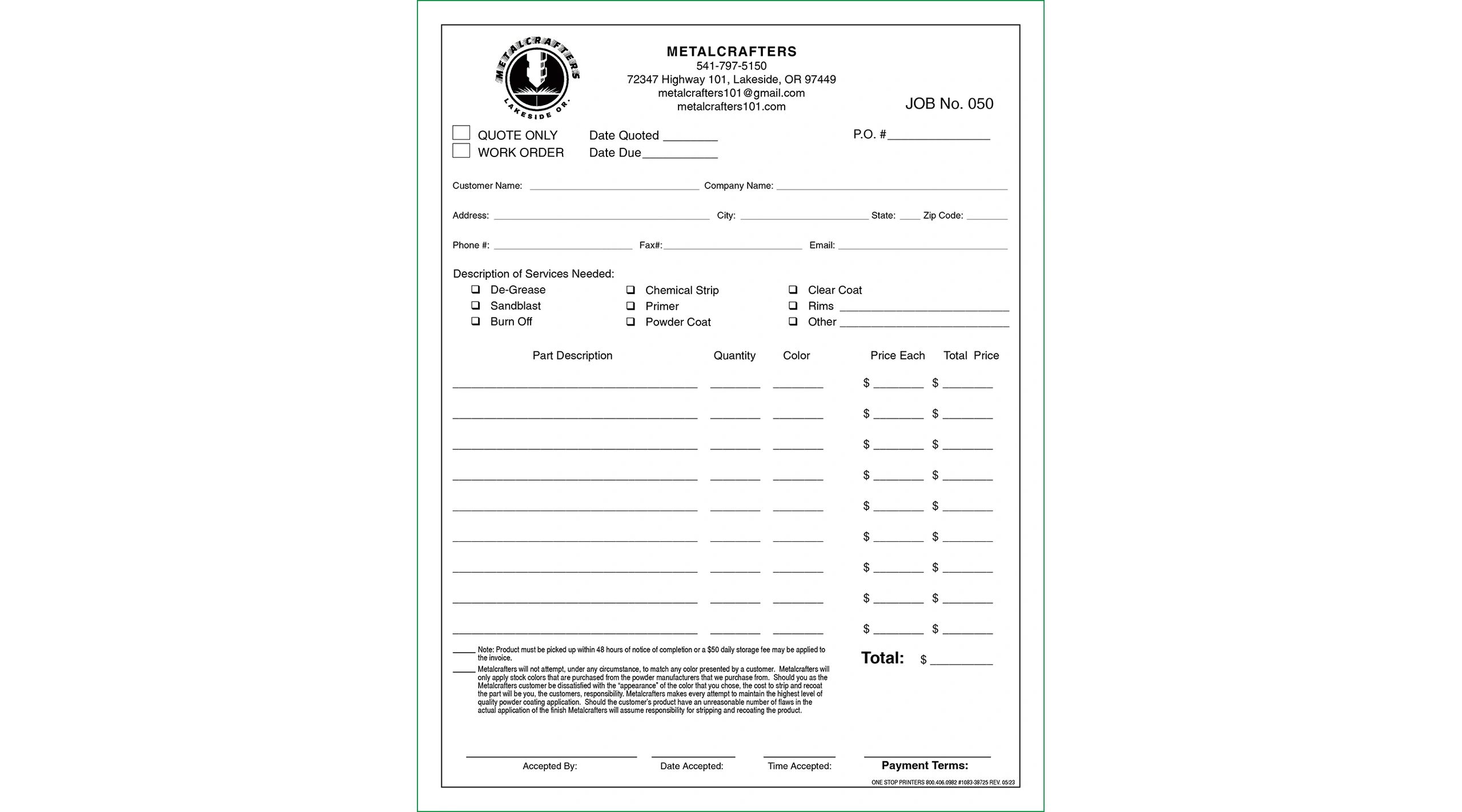 Powder Coating Work Order and Invoice