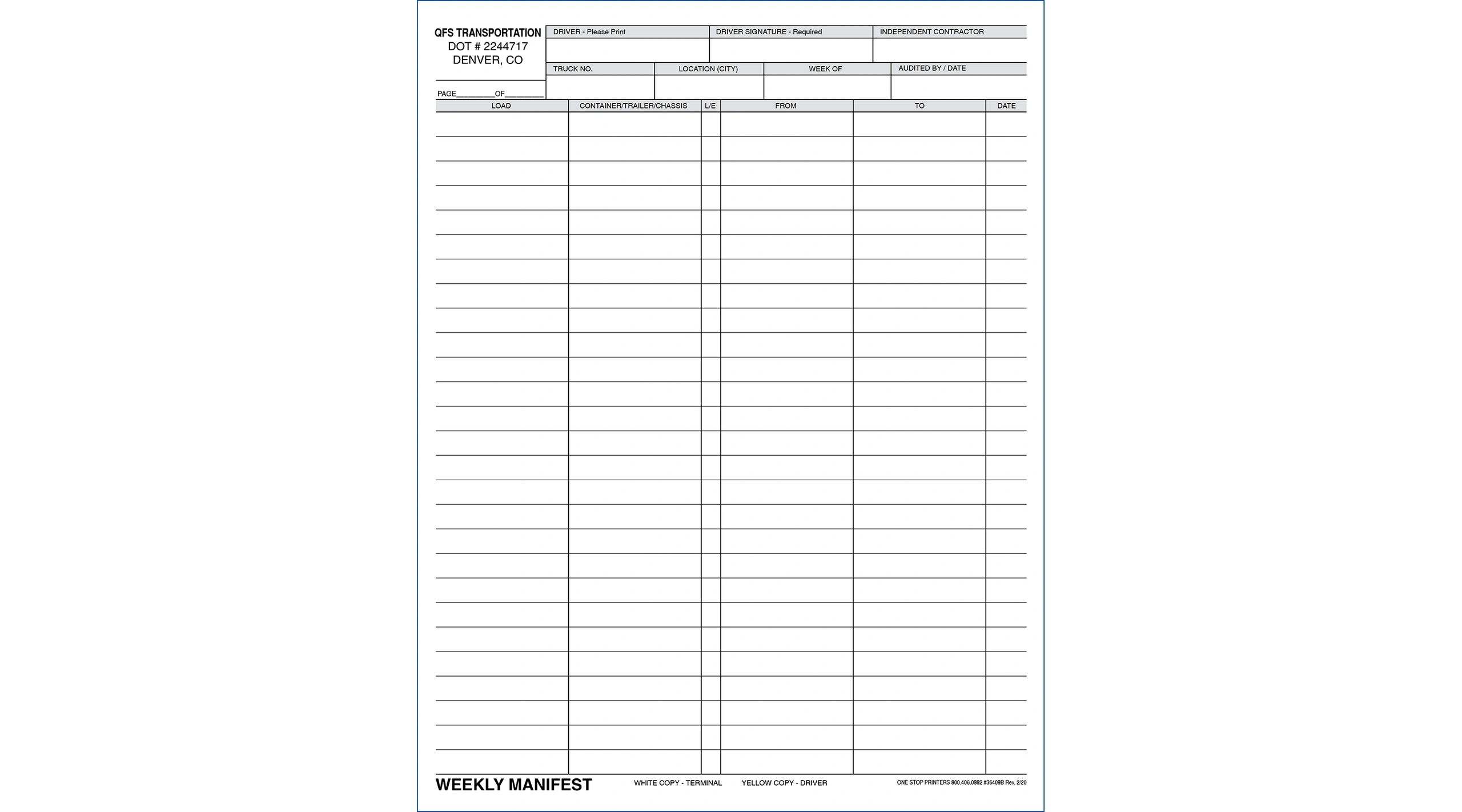 Container Truck Weekly Manifest