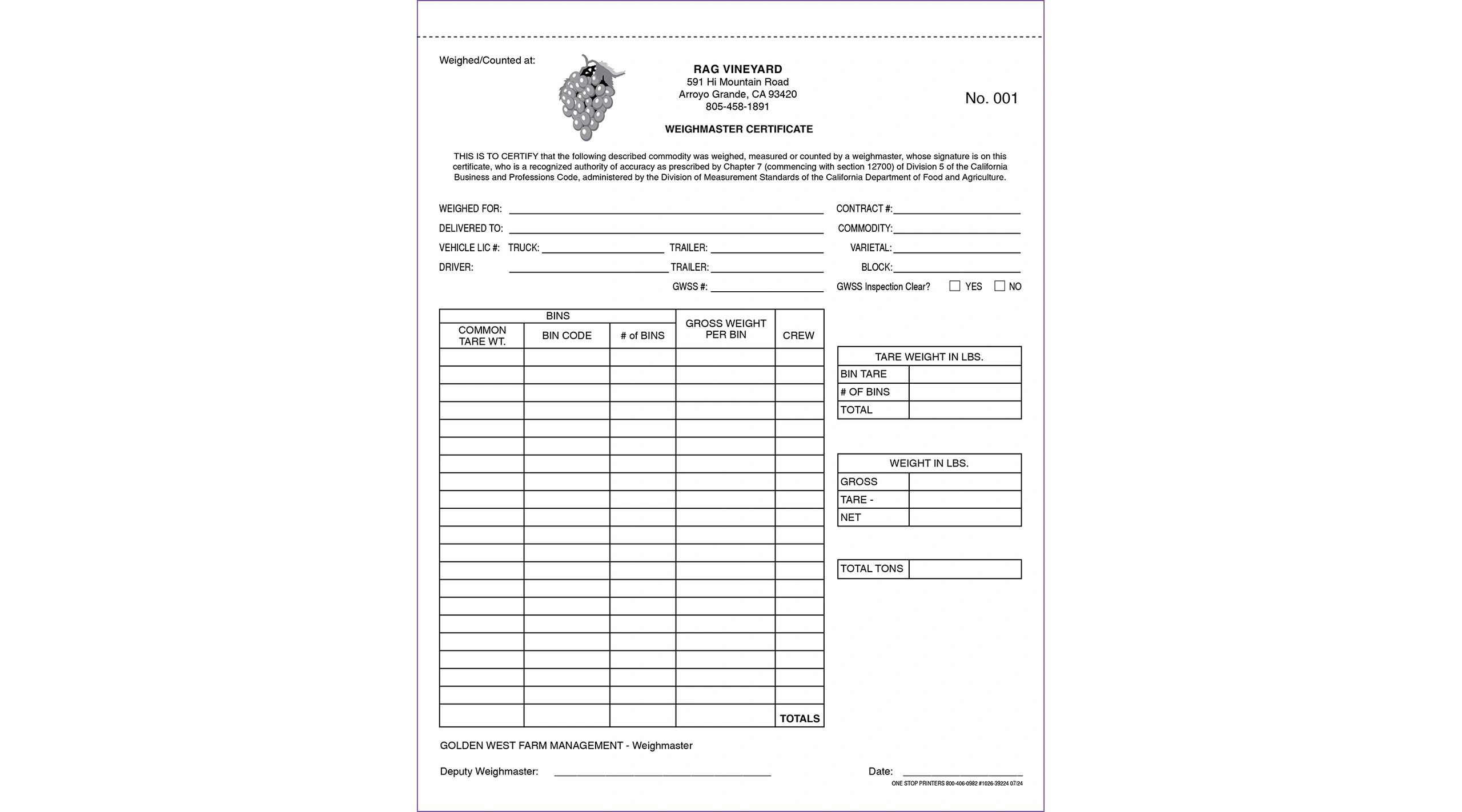 Weighmaster Certificates for Public Weighmasters