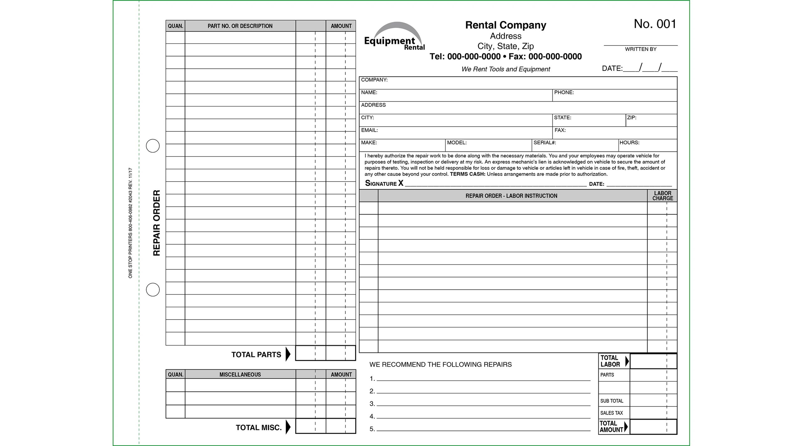 Equipment Repair Order for Rental Yards