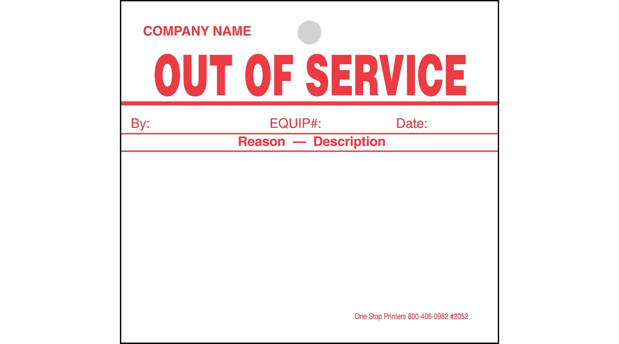 Rental Yard Equipment Out of Service Tag
