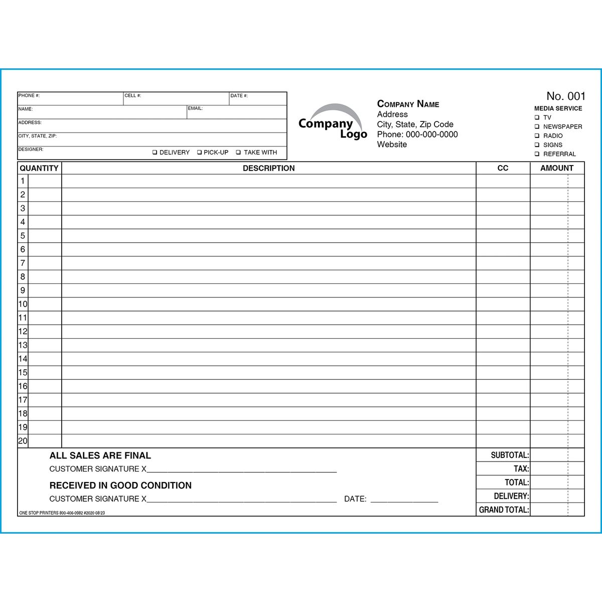 Appliance and Retail Store Invoice #2020