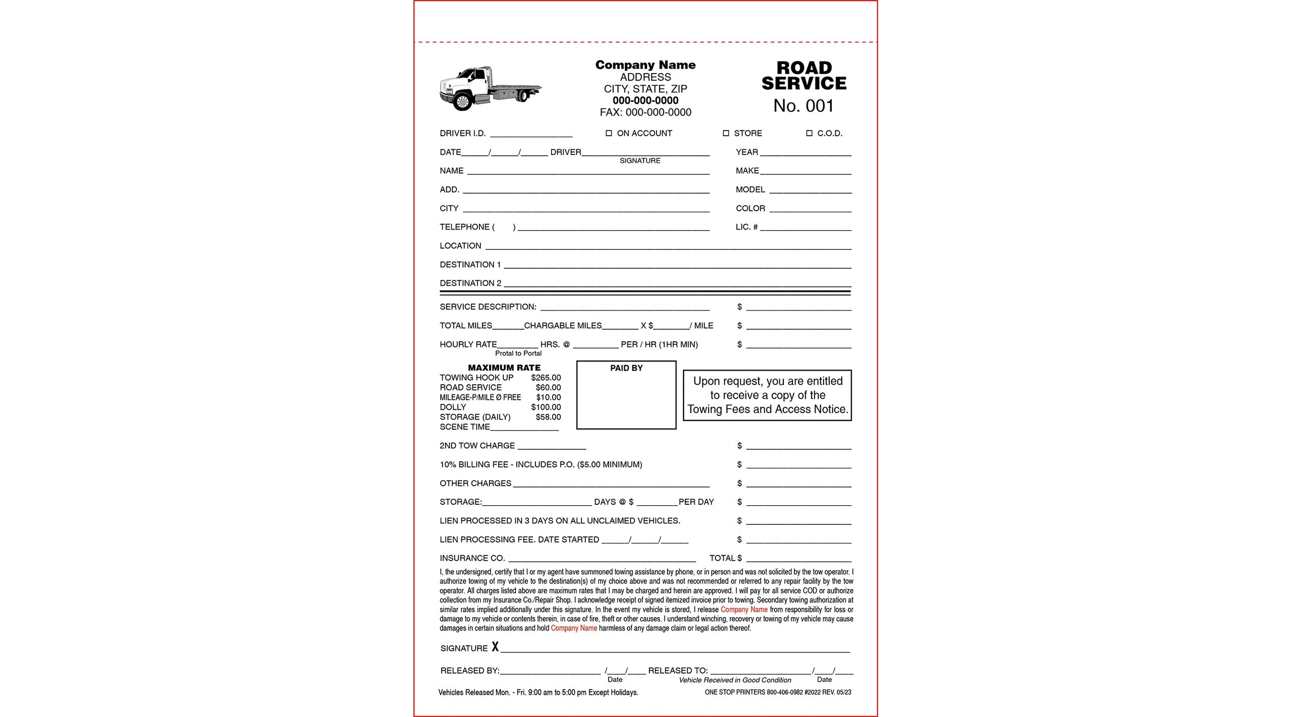 Roadside Service Towing Invoice