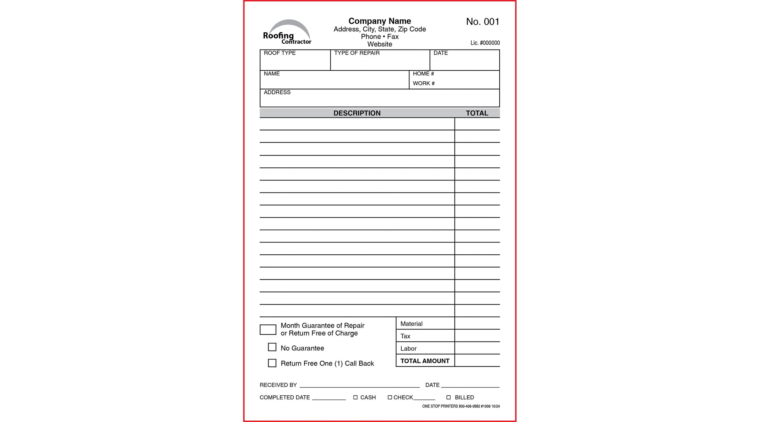 Roof Repair Invoice