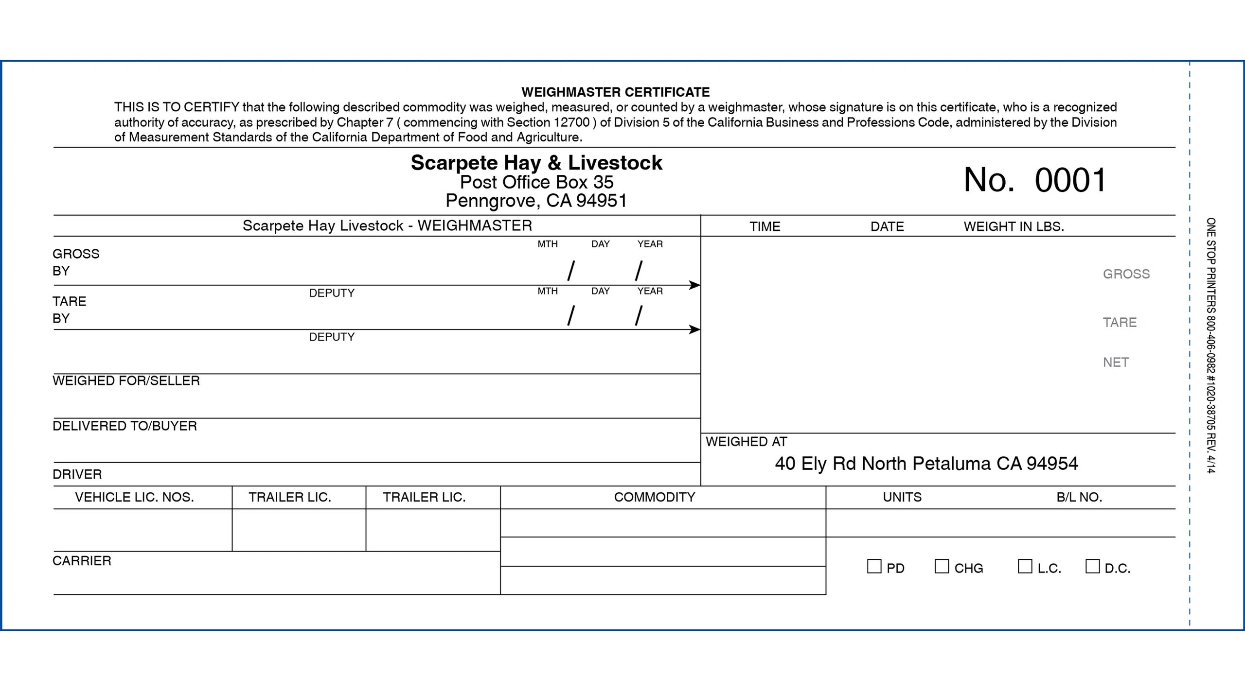 Hay and Livestock Weighmaster Certificate