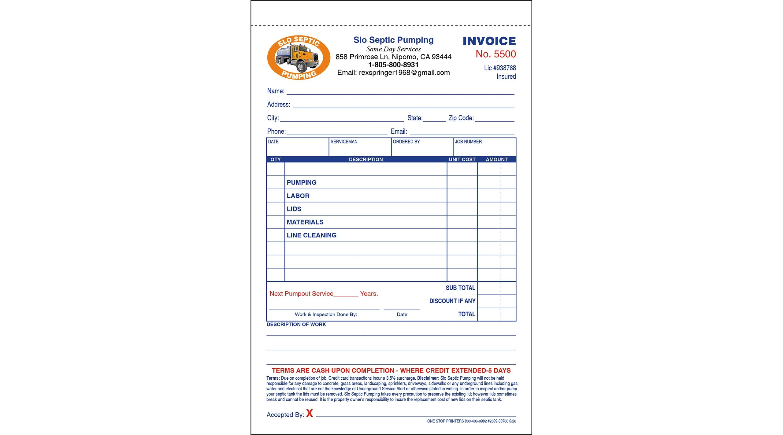 Septic Pumping Invoice
