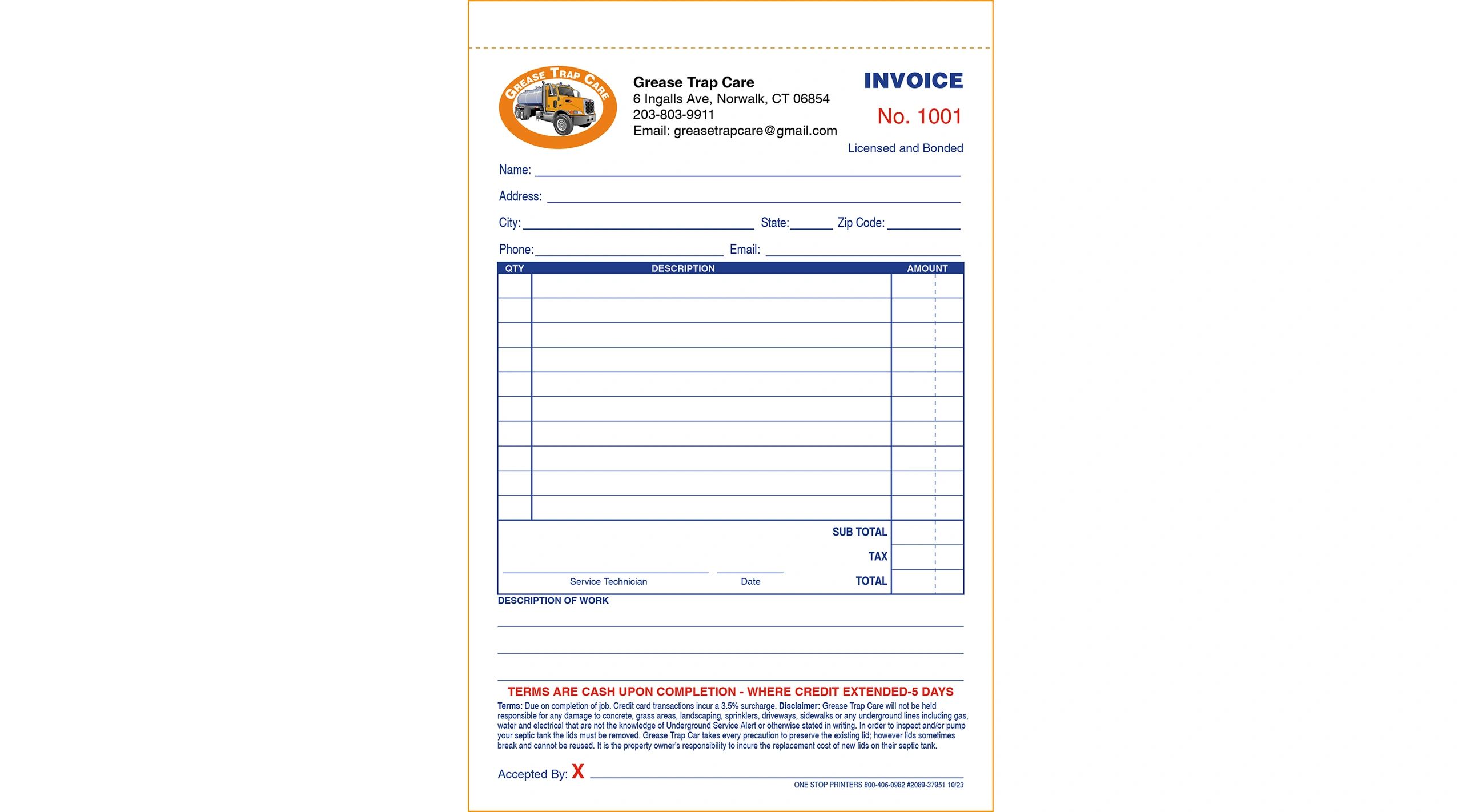 Septic and Grease Trap Pumping Receipt