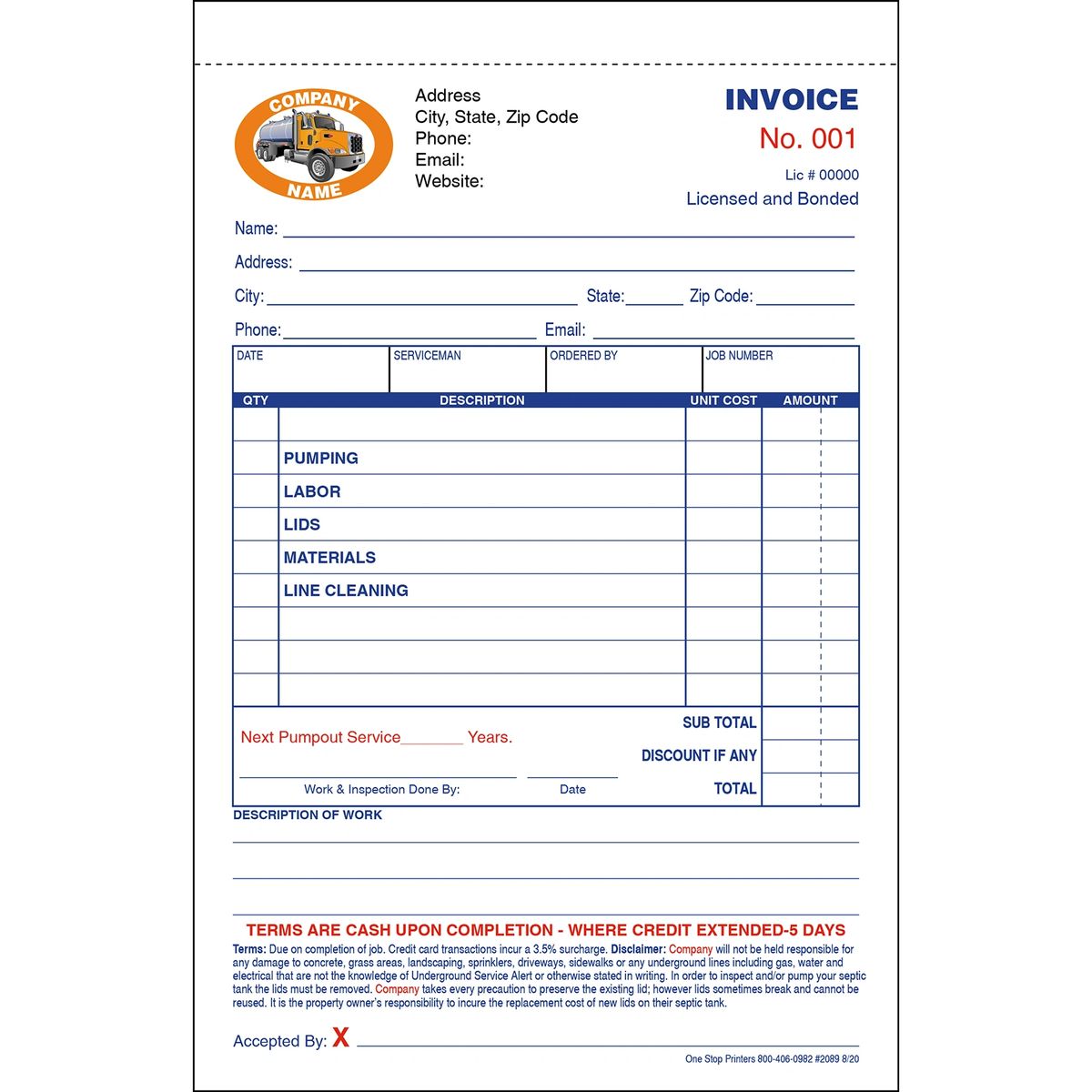 Septic Pumping Short Receipt #2089