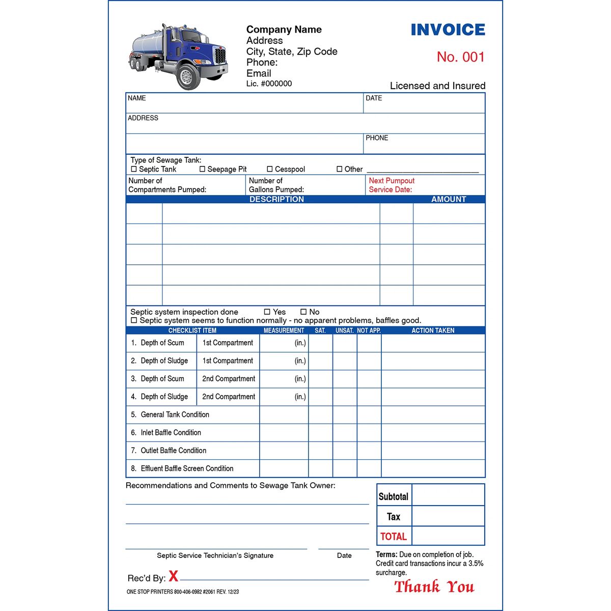 Septic Tank Pumping Small Receipt #2061