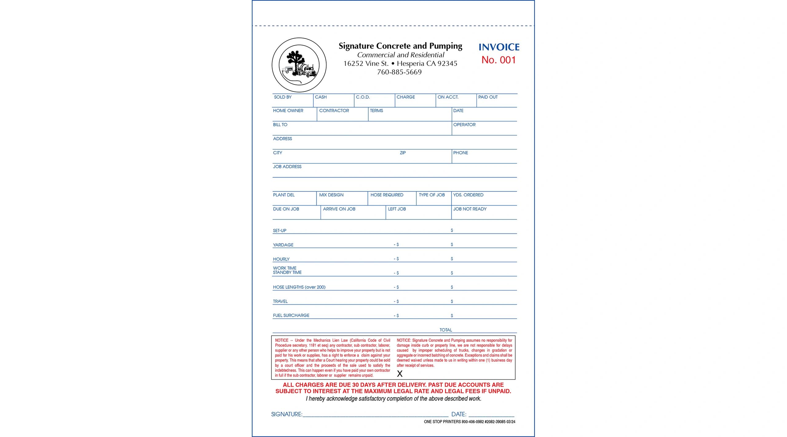 Concrete Pumping Receipt/Invoice