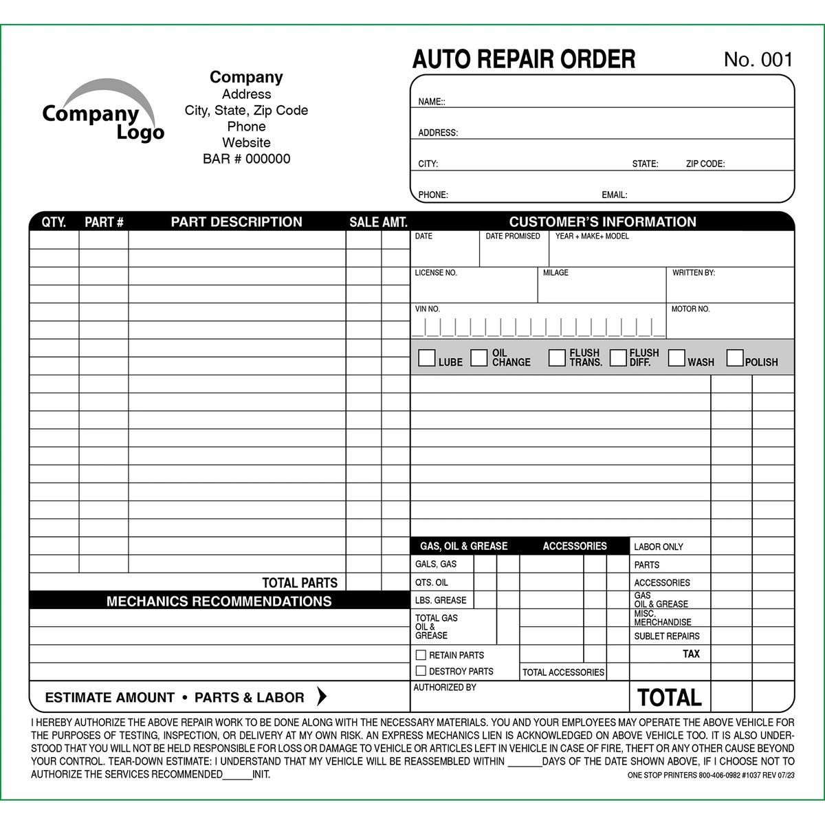 Small Automotive Parts and Repair Order #1037