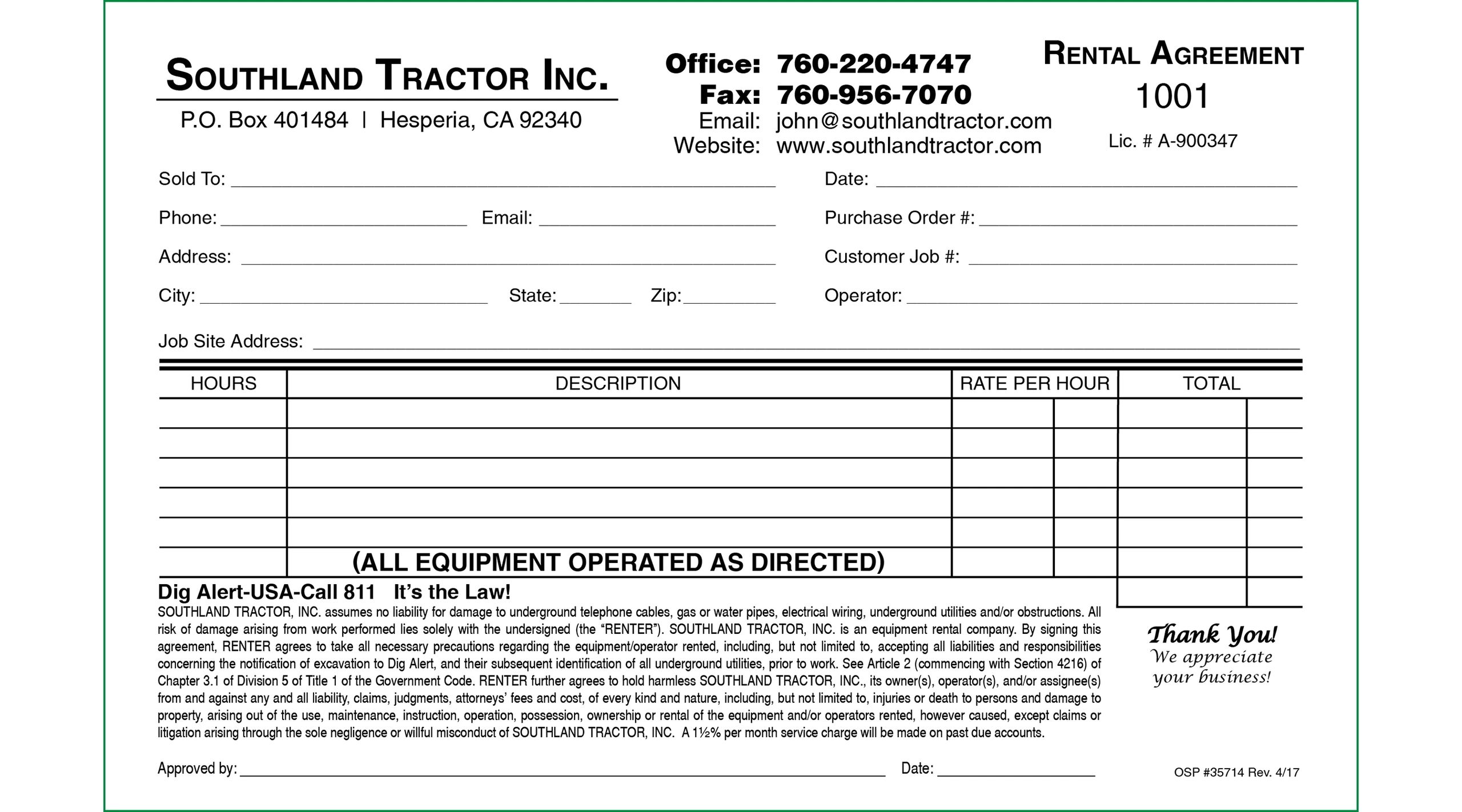 Backhoe Rental Agreement and Work Order