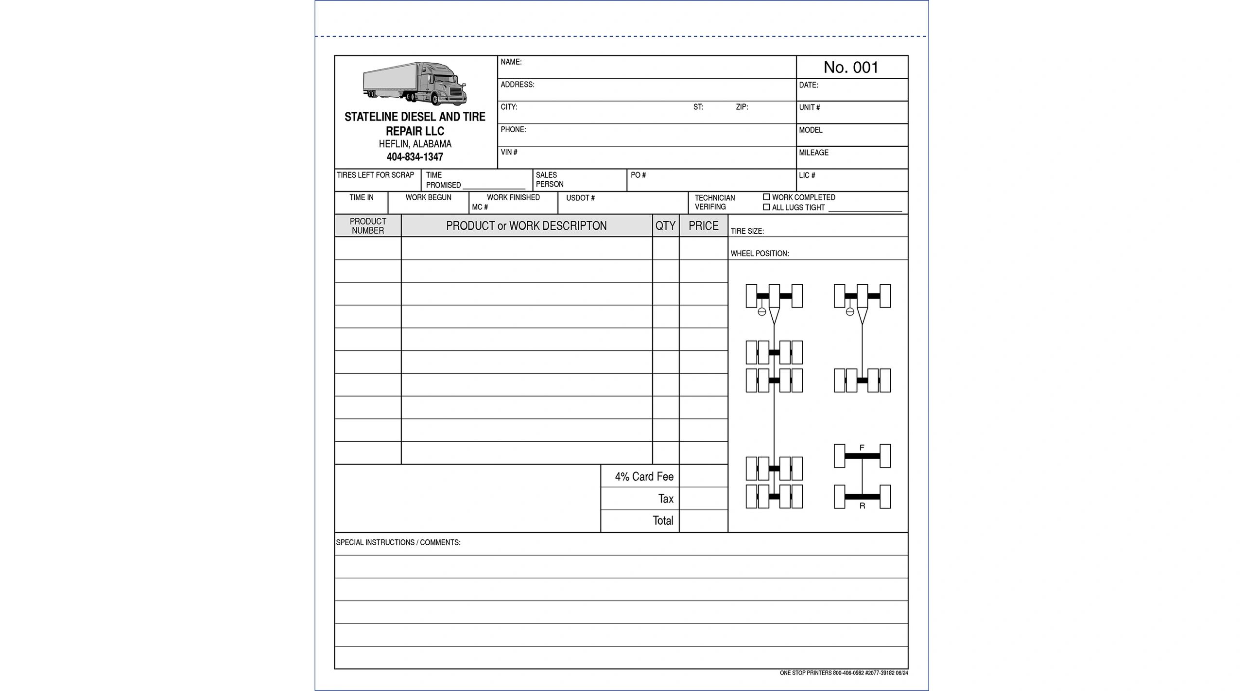 Diesel Truck Tire Repair Work Order/Invoice