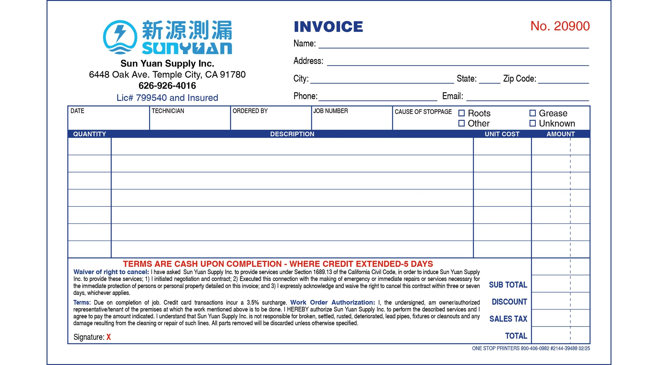 Plumbing Invoice