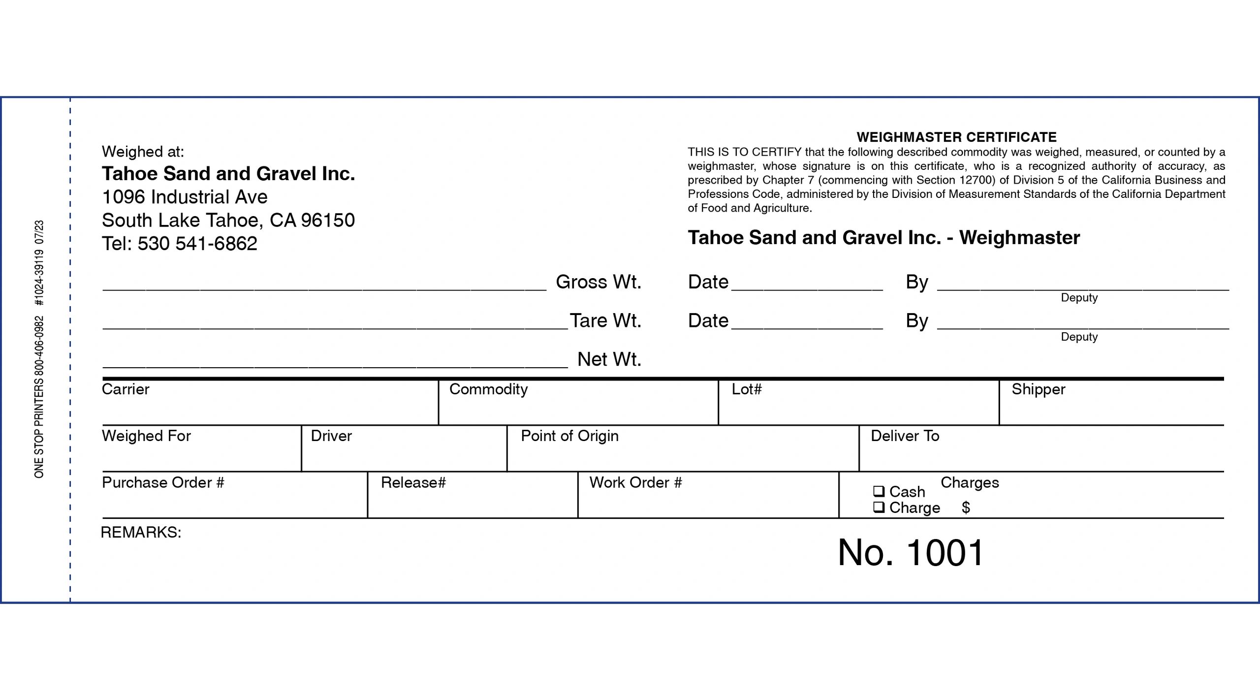Sand and Gravel Weighmaster Certificate