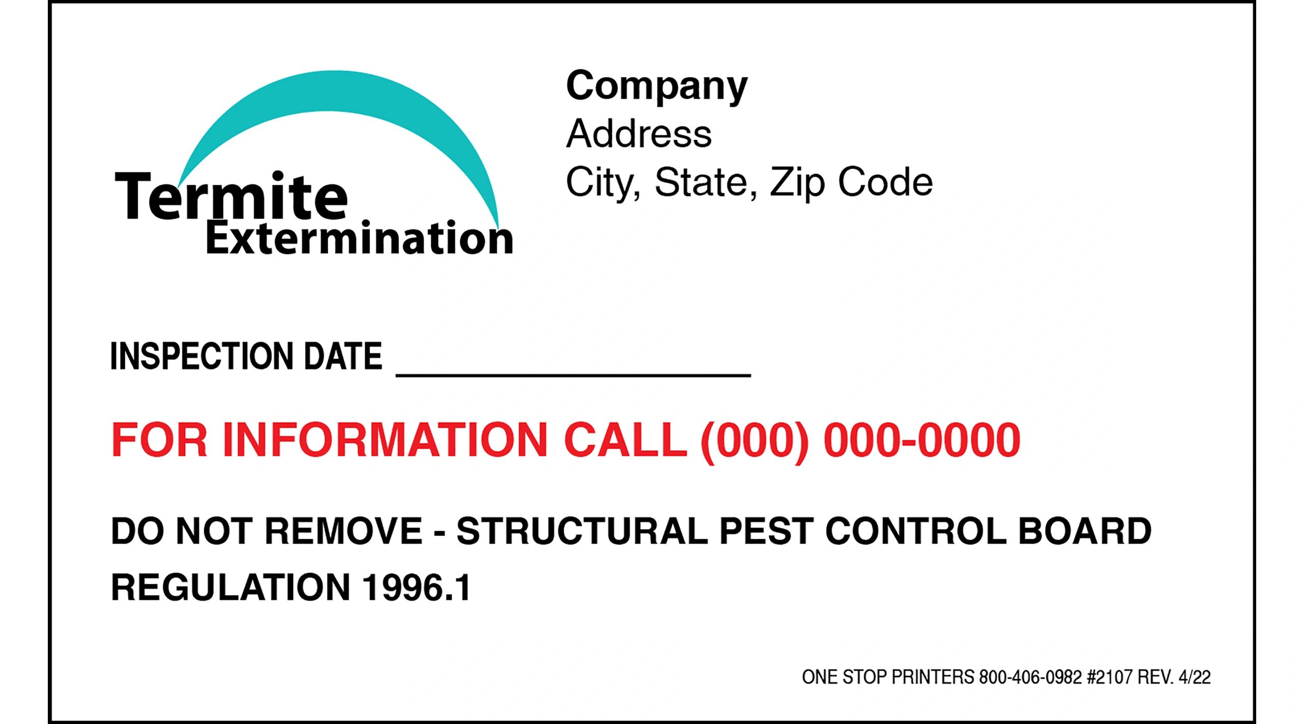 Termite Inspection Tag or Sticker