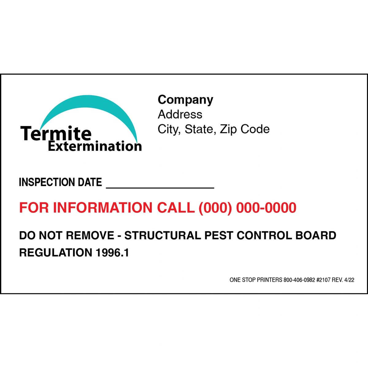 Termite Inspection Tag Or Sticker #2107