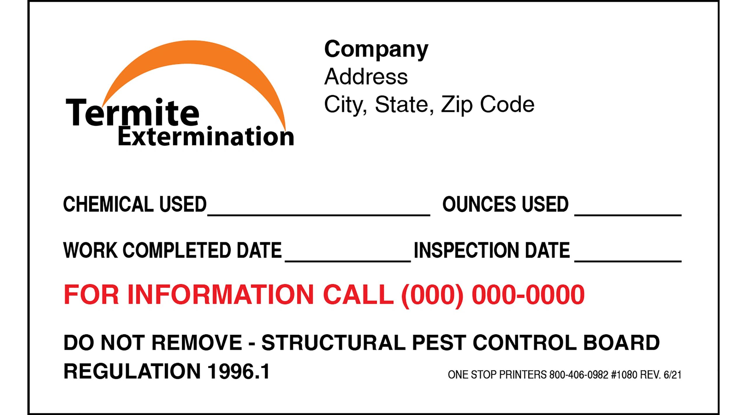 One Stop Printers’ Termite Work Completed Sticker and Tags