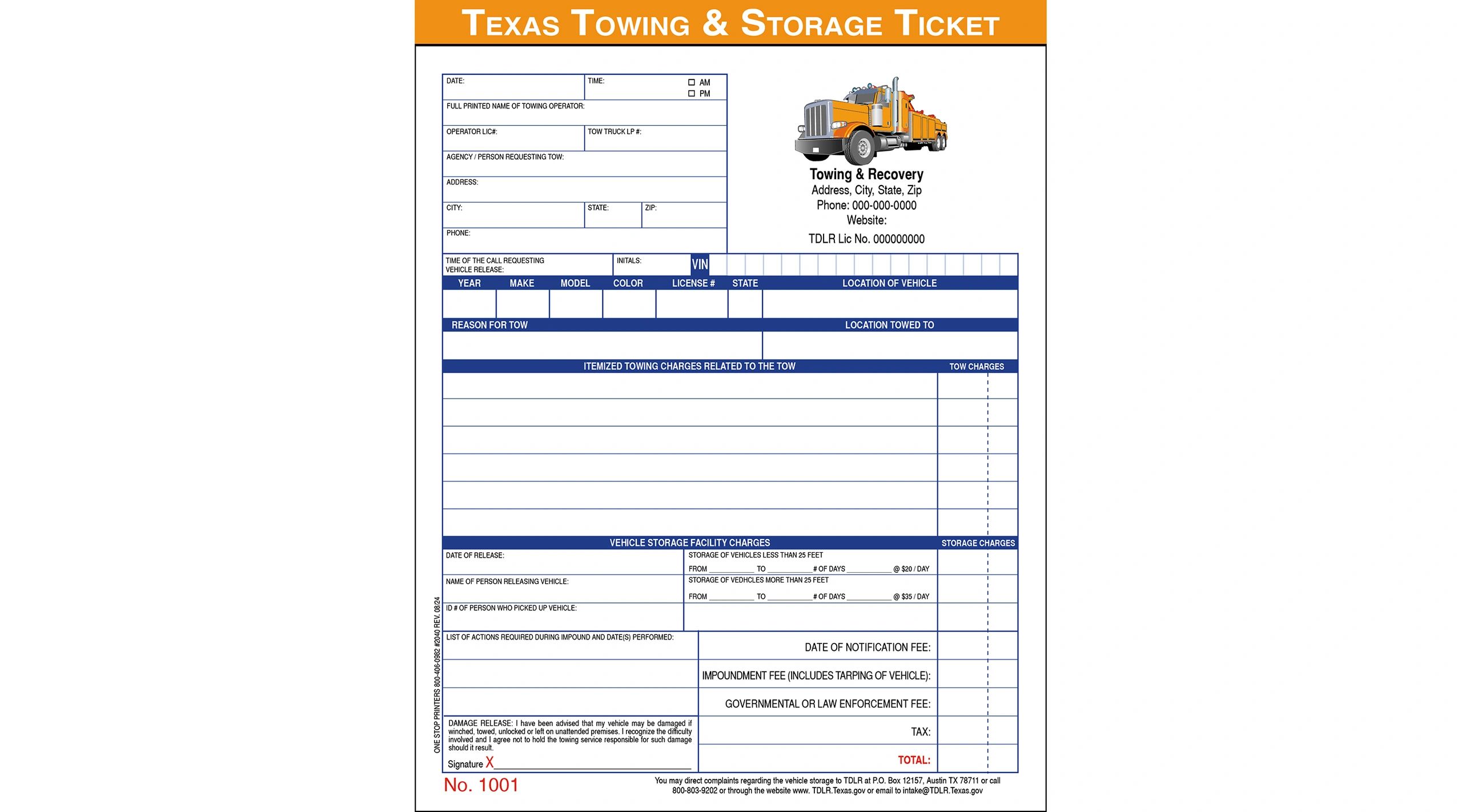 Towing Receipt for Texas