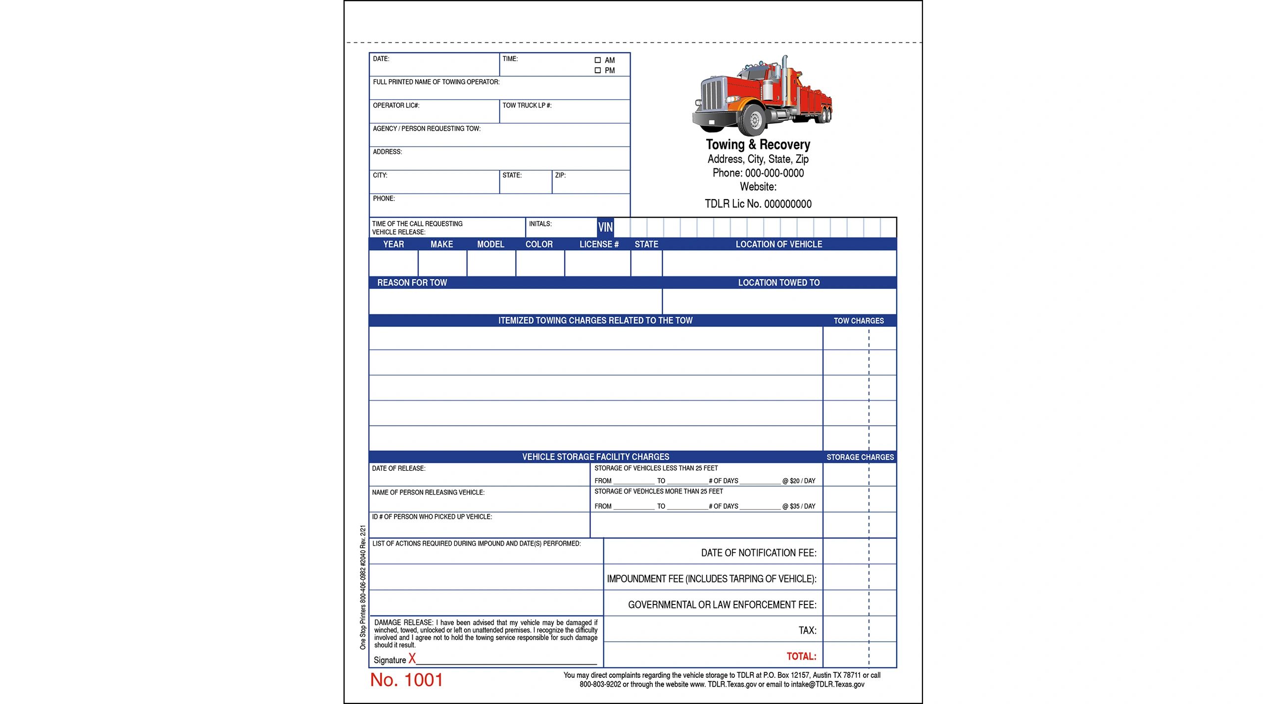 Towing invoice and Storage Facility Ticket