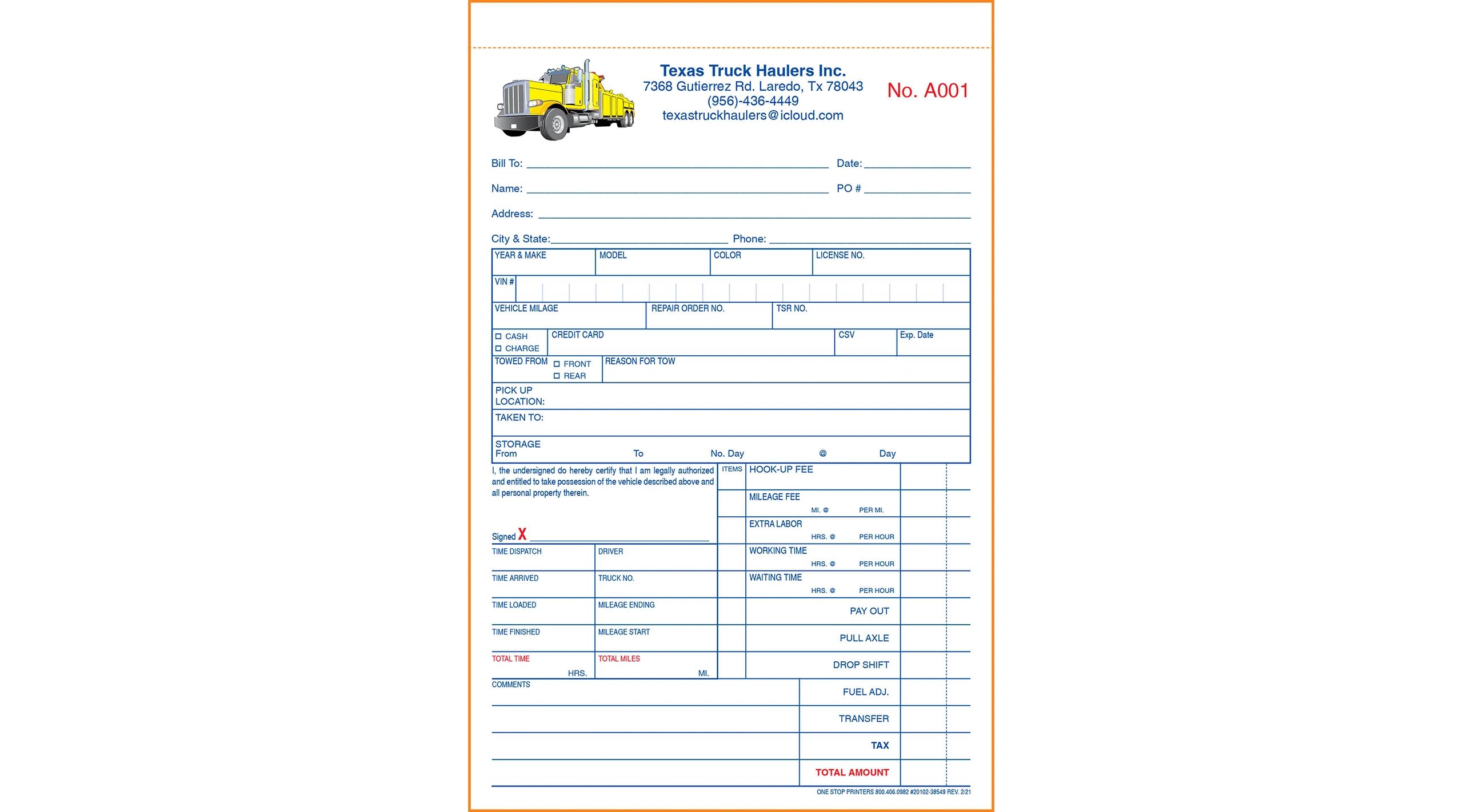 Towing Invoice, Towing Receipt, and Roadside Service Receipt