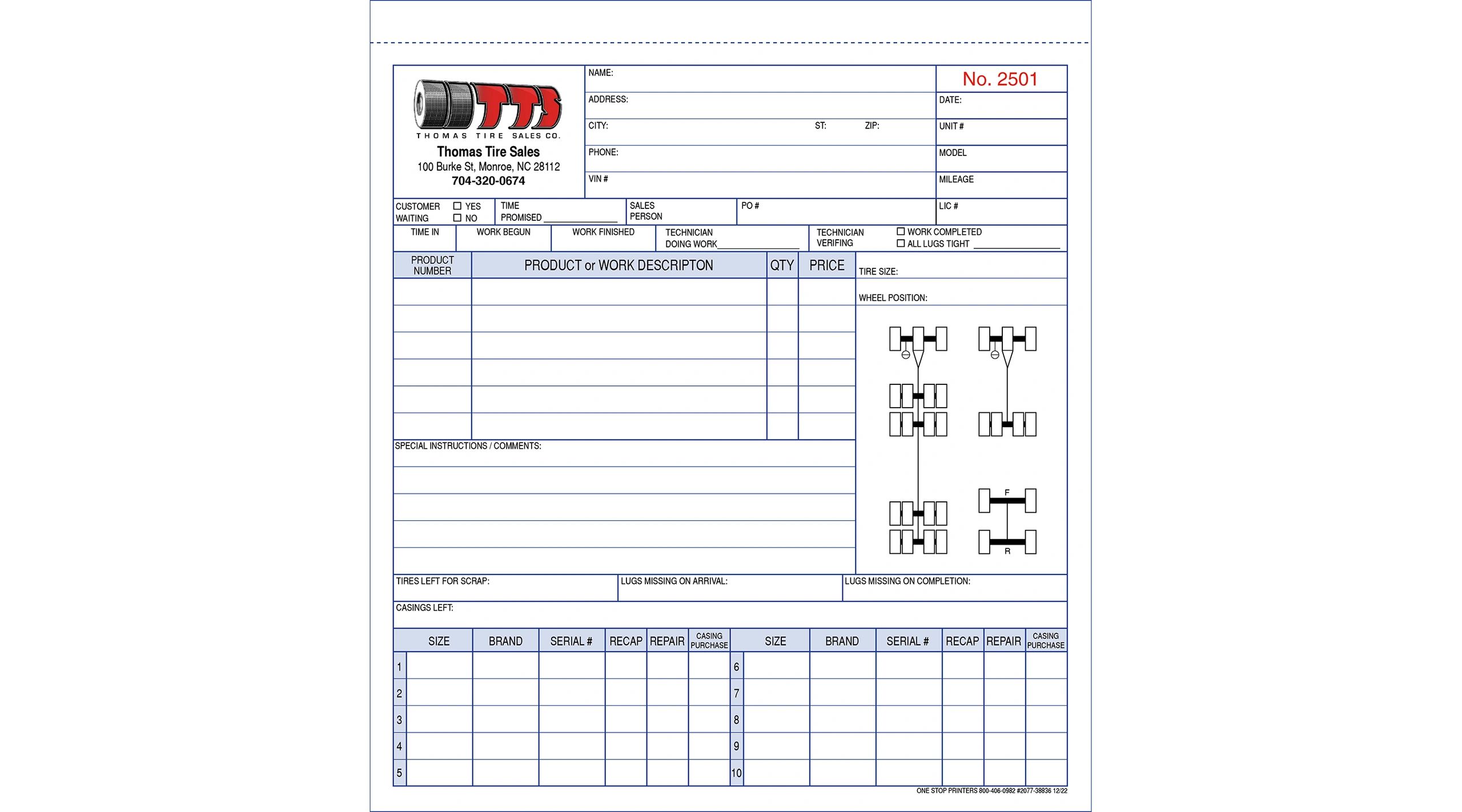 Semi Truck Tire Service and Repair Order