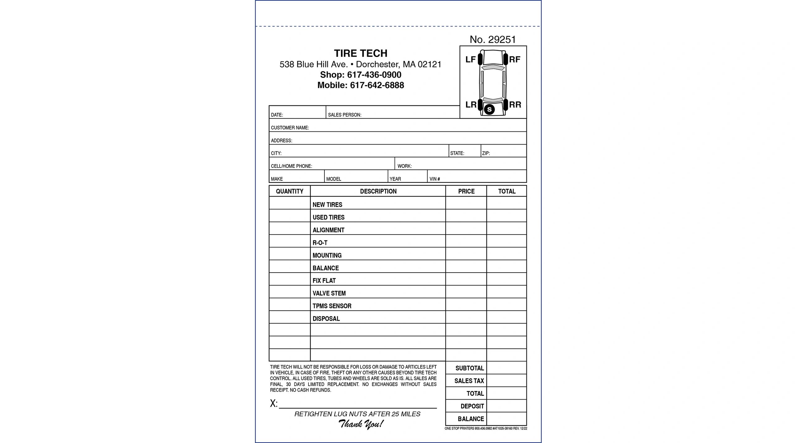 Auto Tire Repair Order/Invoice