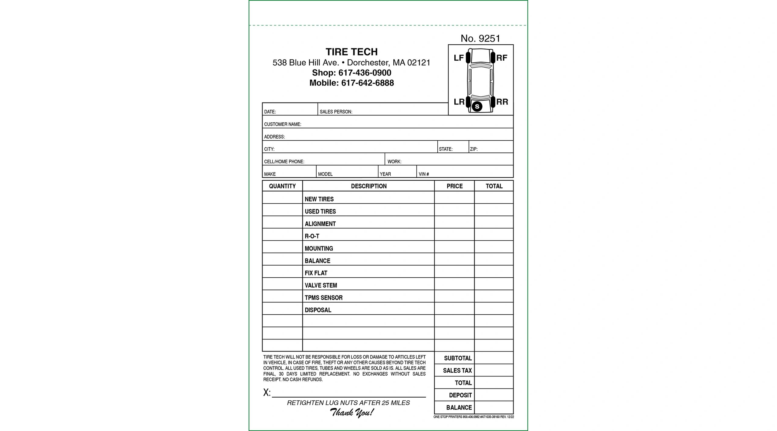 Tire Shop Repair Order and Invoice