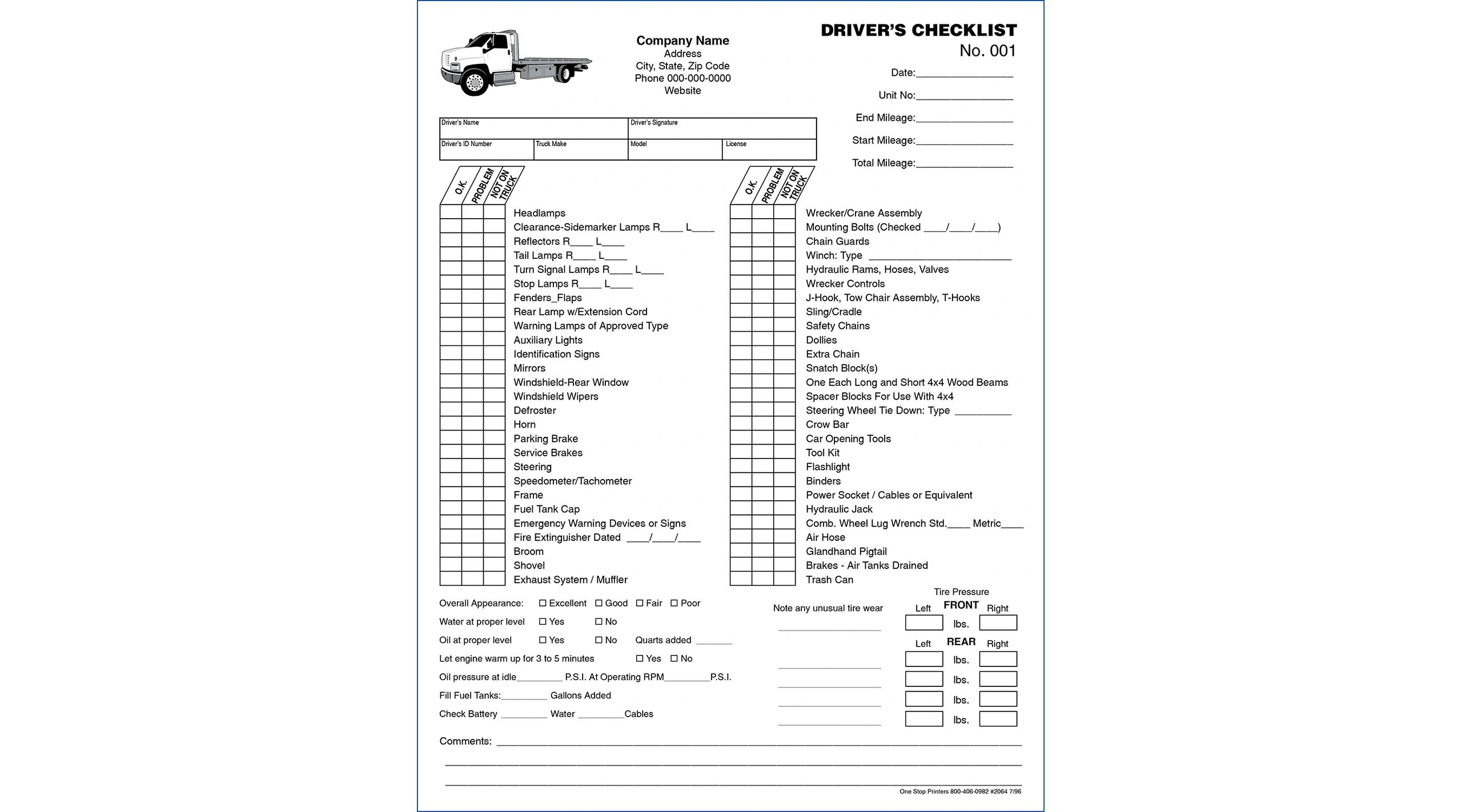 Tow Truck Driver’s Equipment Checklist and Vehicle Inspection