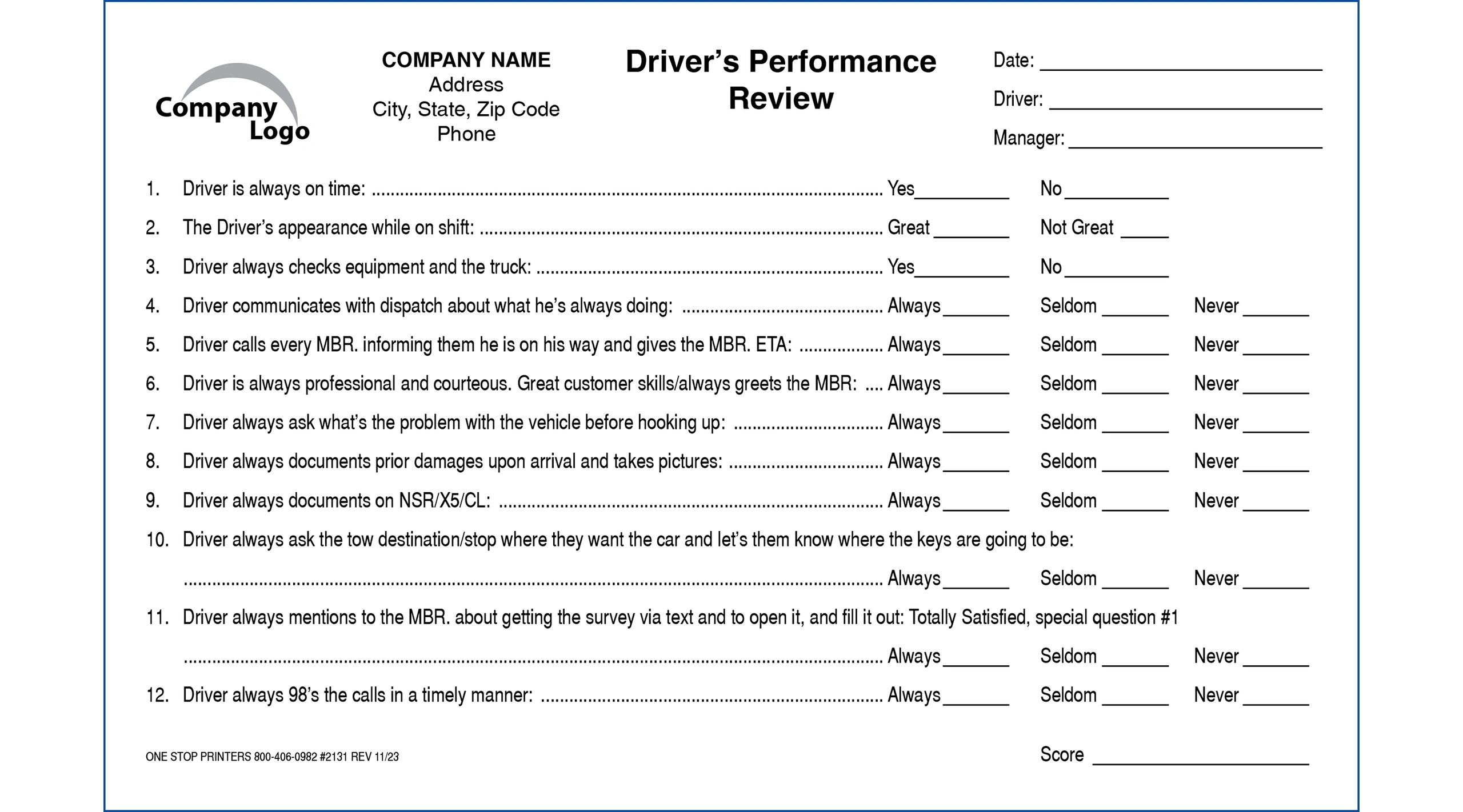 Tow Truck Drivers Performance Review