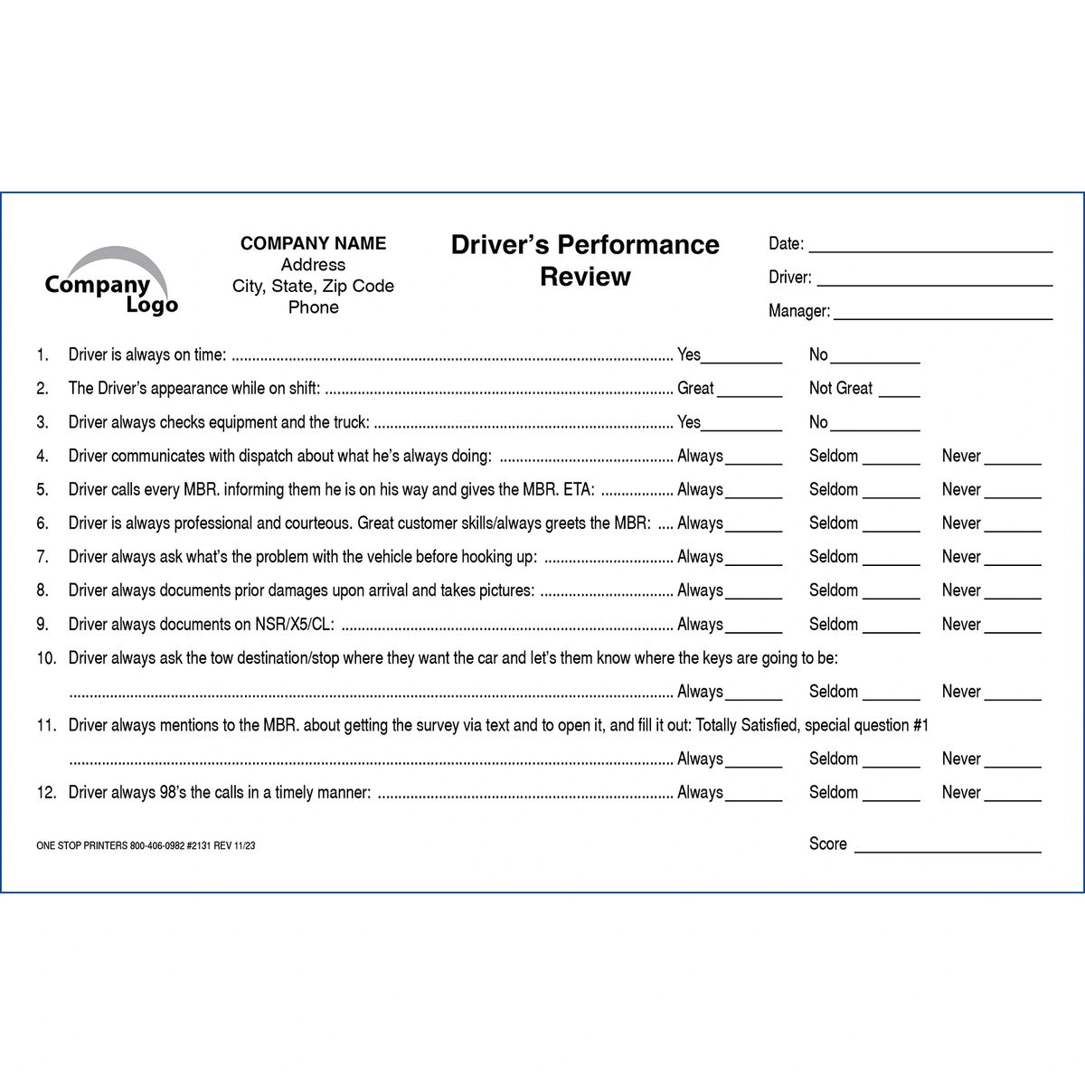 Tow Truck Drivers Performance Review #2134