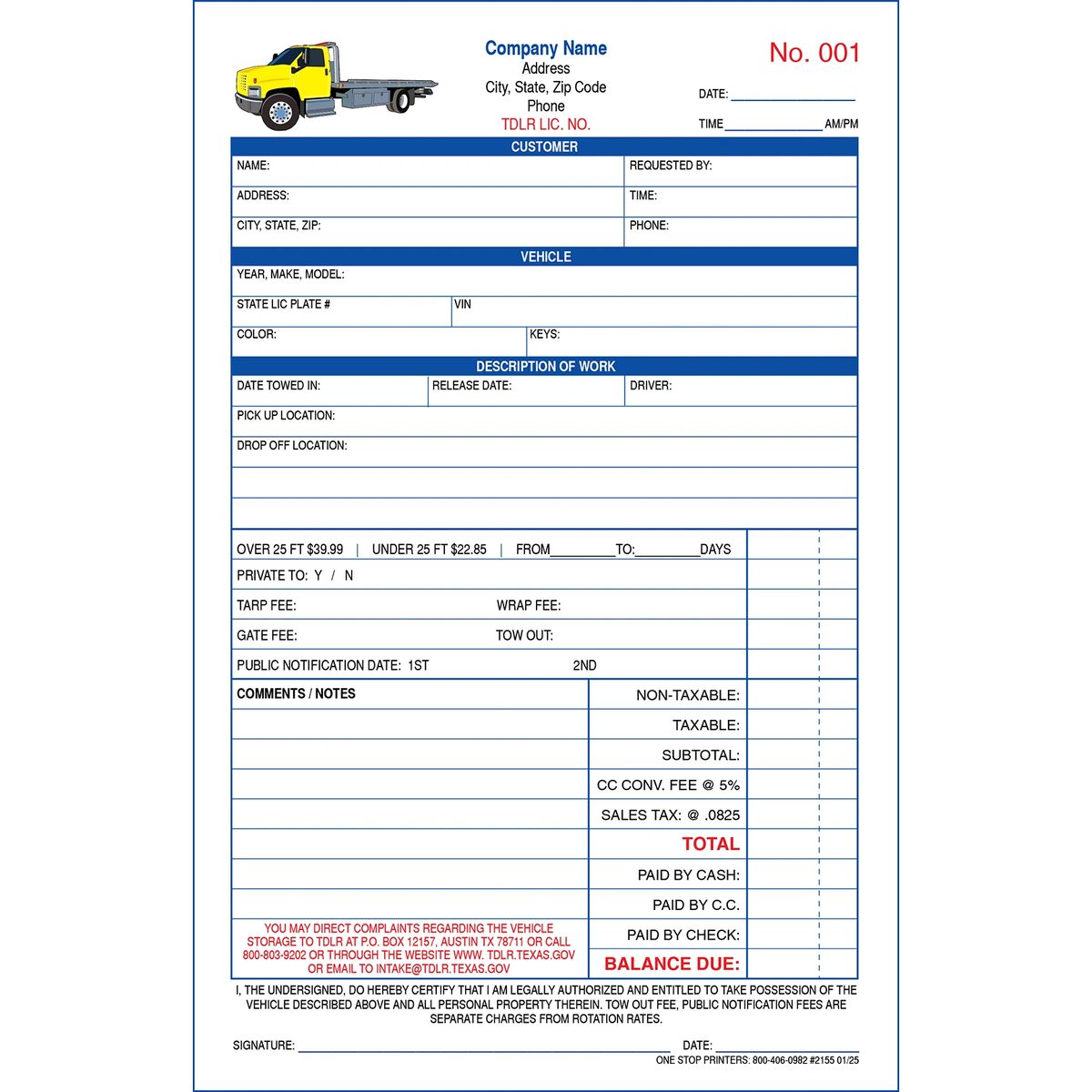 Texas Tow Yard Vehicle Storage Receipt # 2155