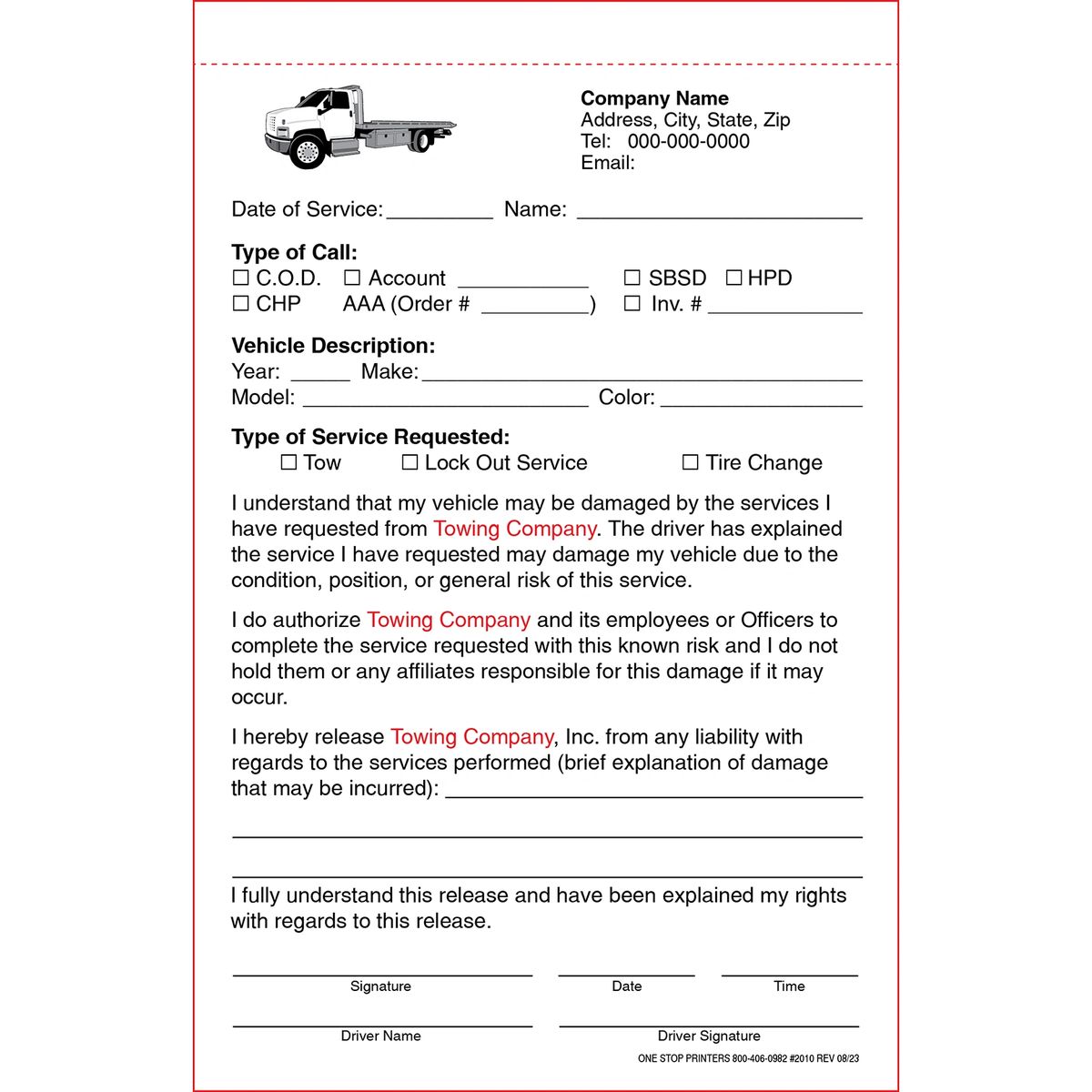 Towing Company Release of Liability #2010