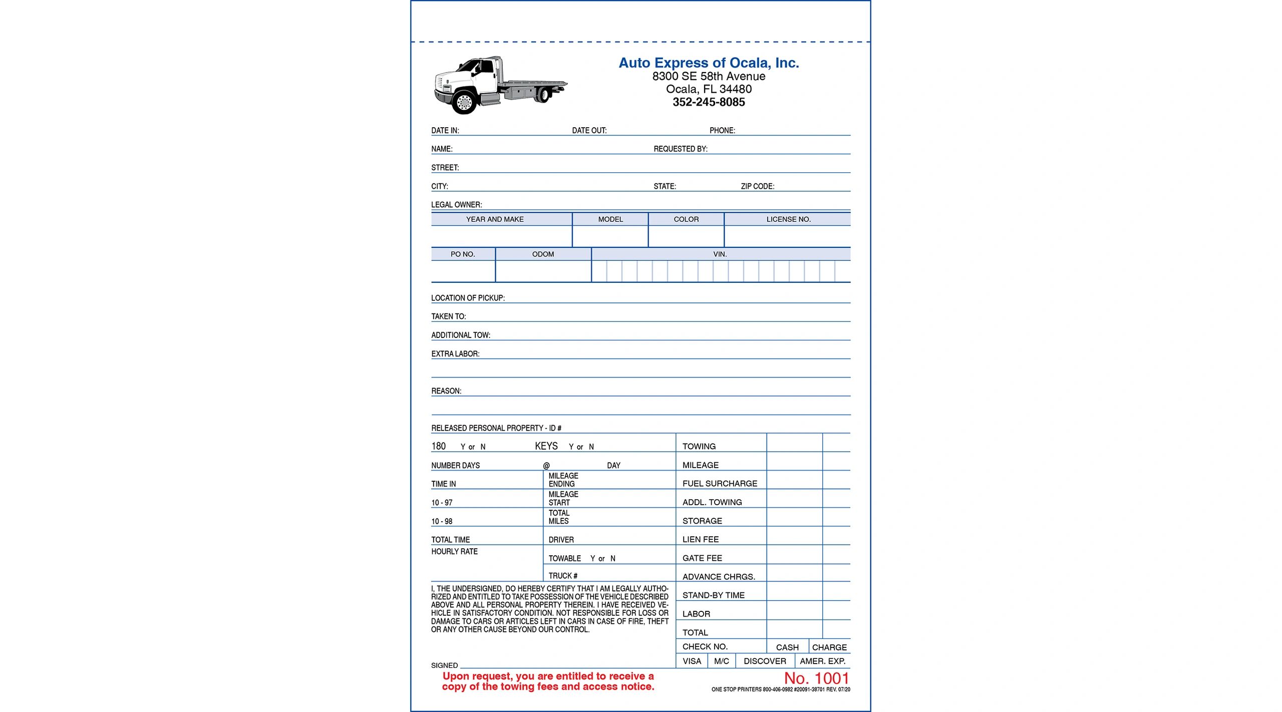 Towing Receipt and Invoice