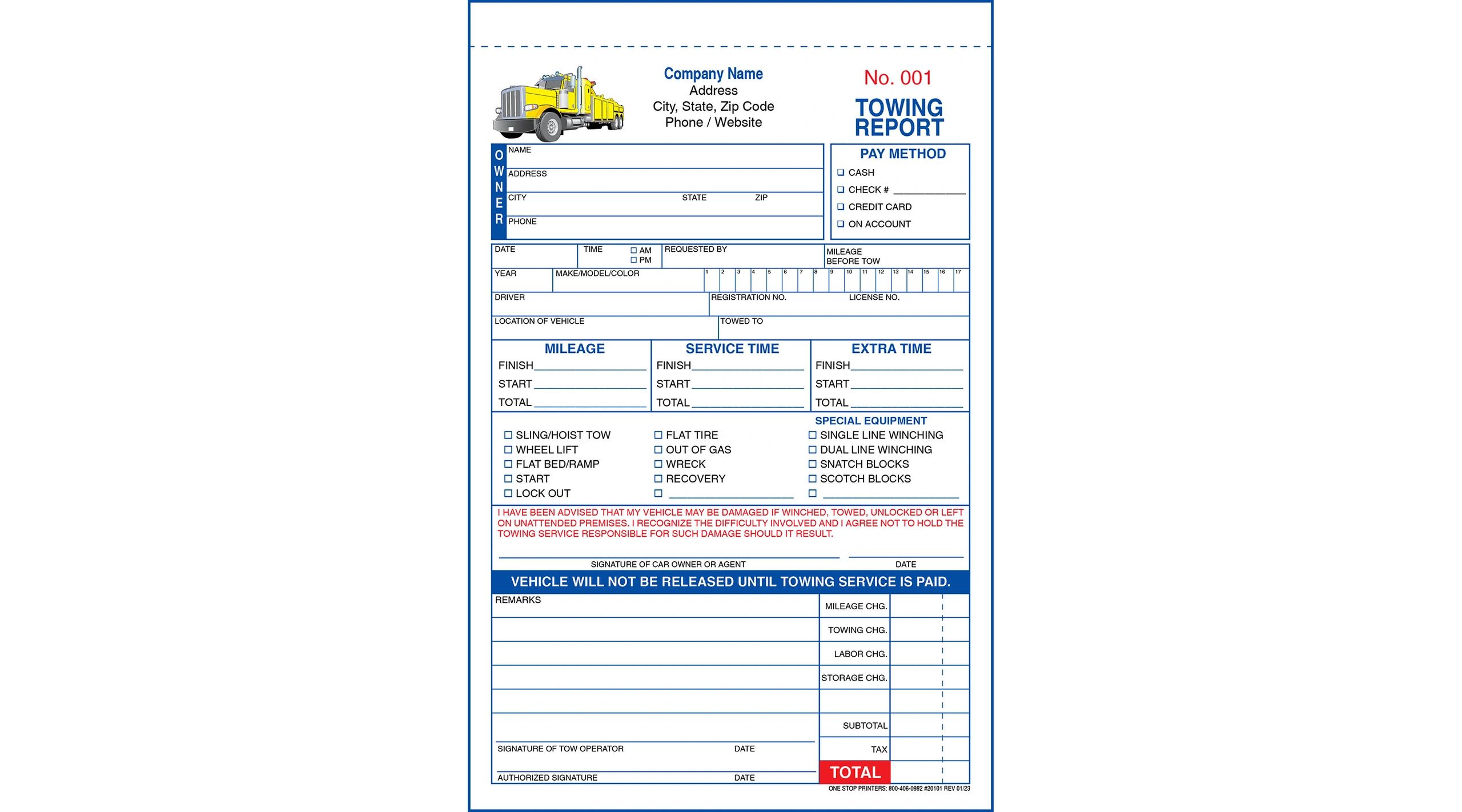 Towing Receipt, Invoice and Work Order
