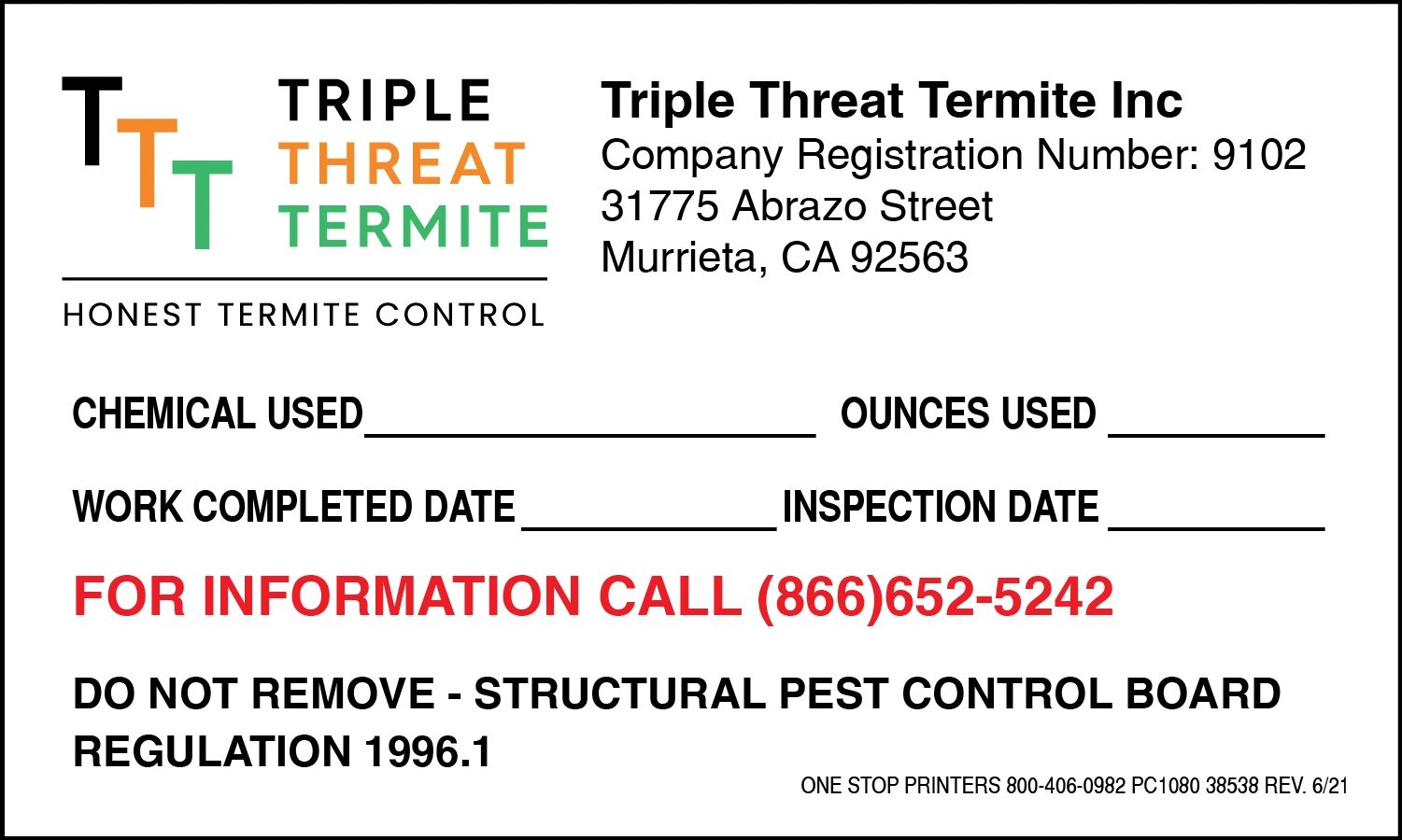 California Termite Work Completed Sticker