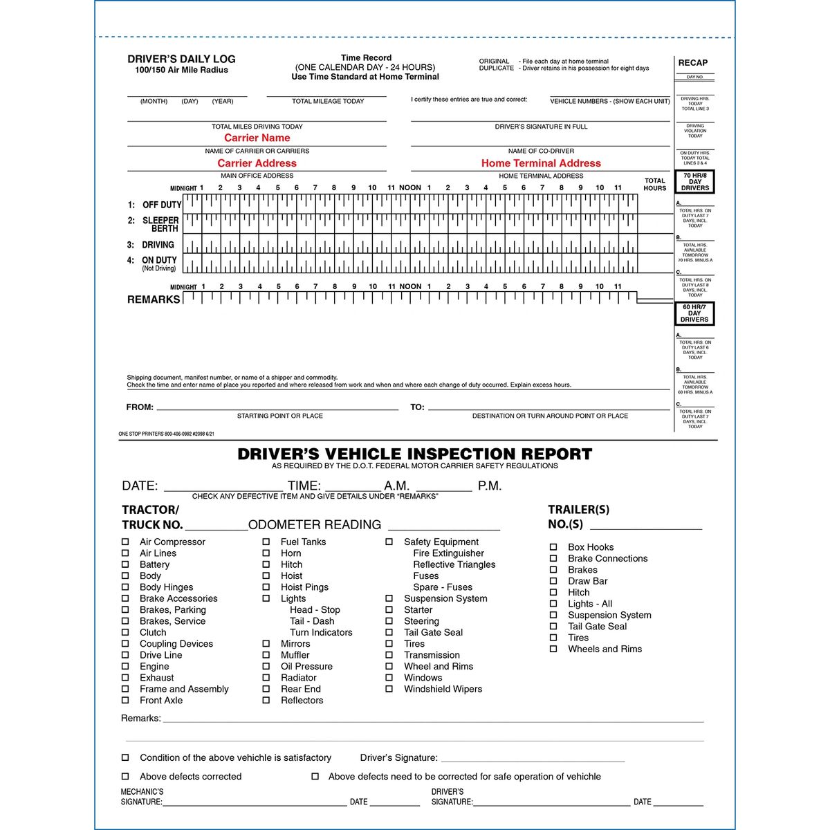 Truck Driver’s Daily Log Vehicle Inspection Report #2098