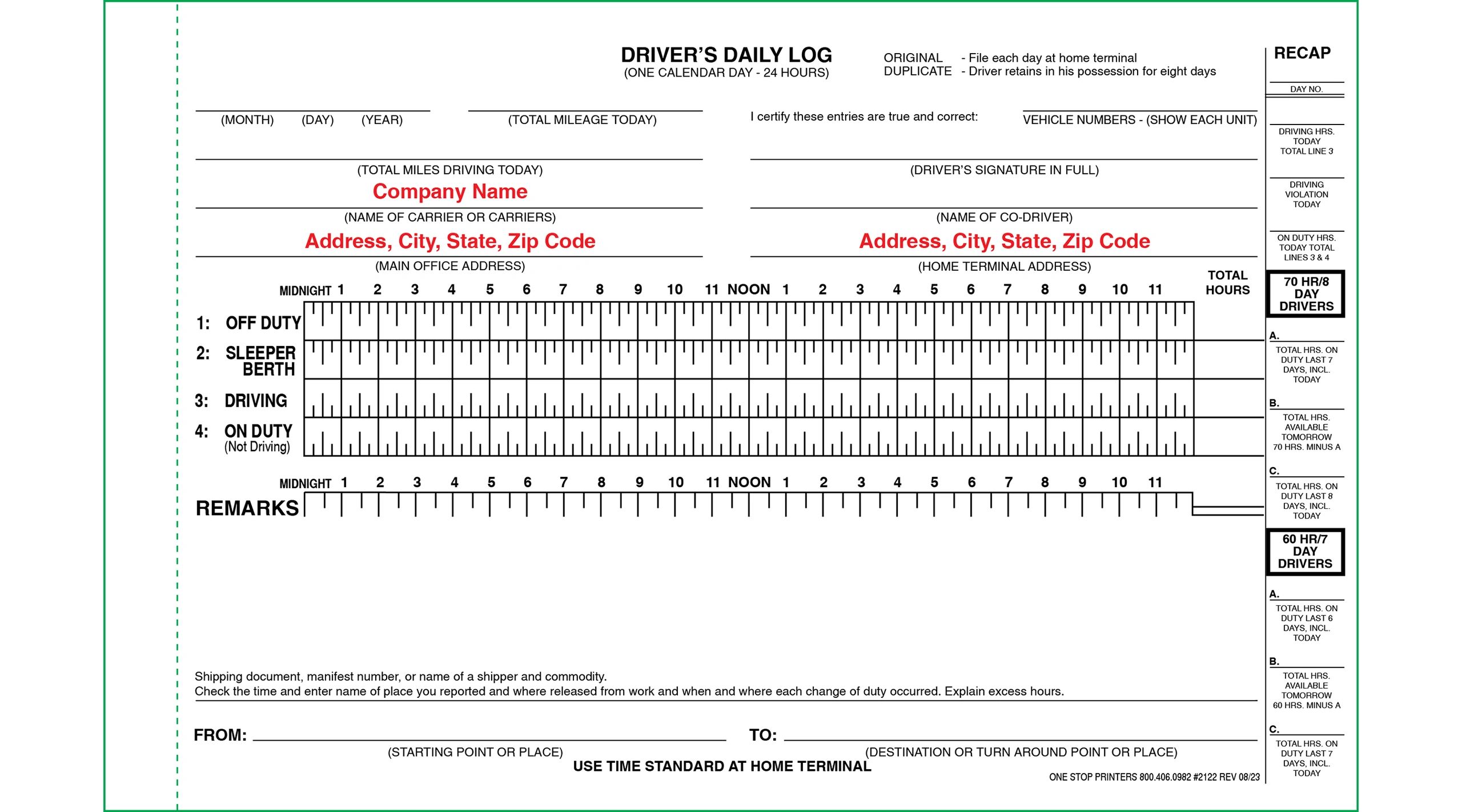 Truck Driver’s Daily Log and Vehicle Inspection Report