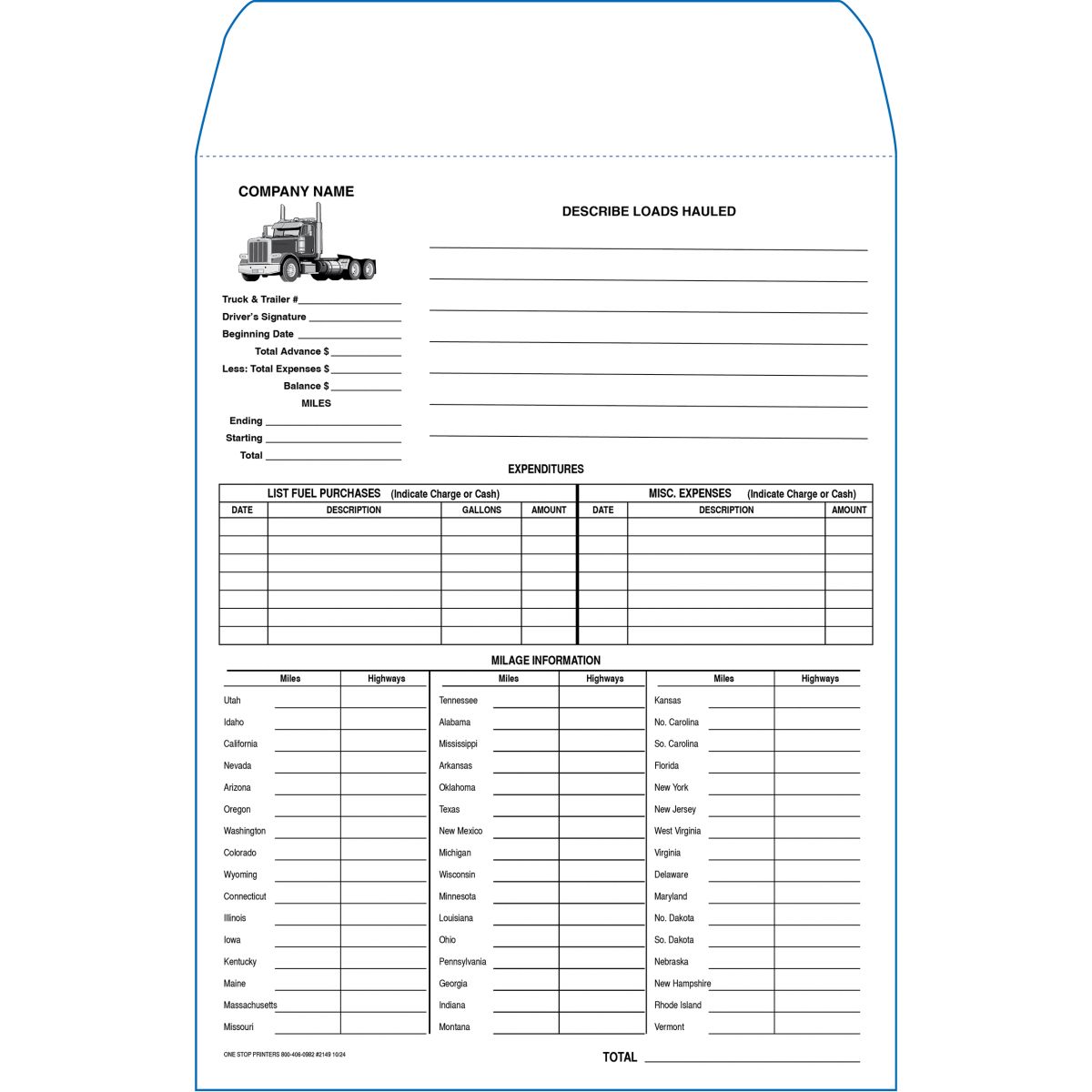 Truck Driver’s Expense Report Envelope #2149