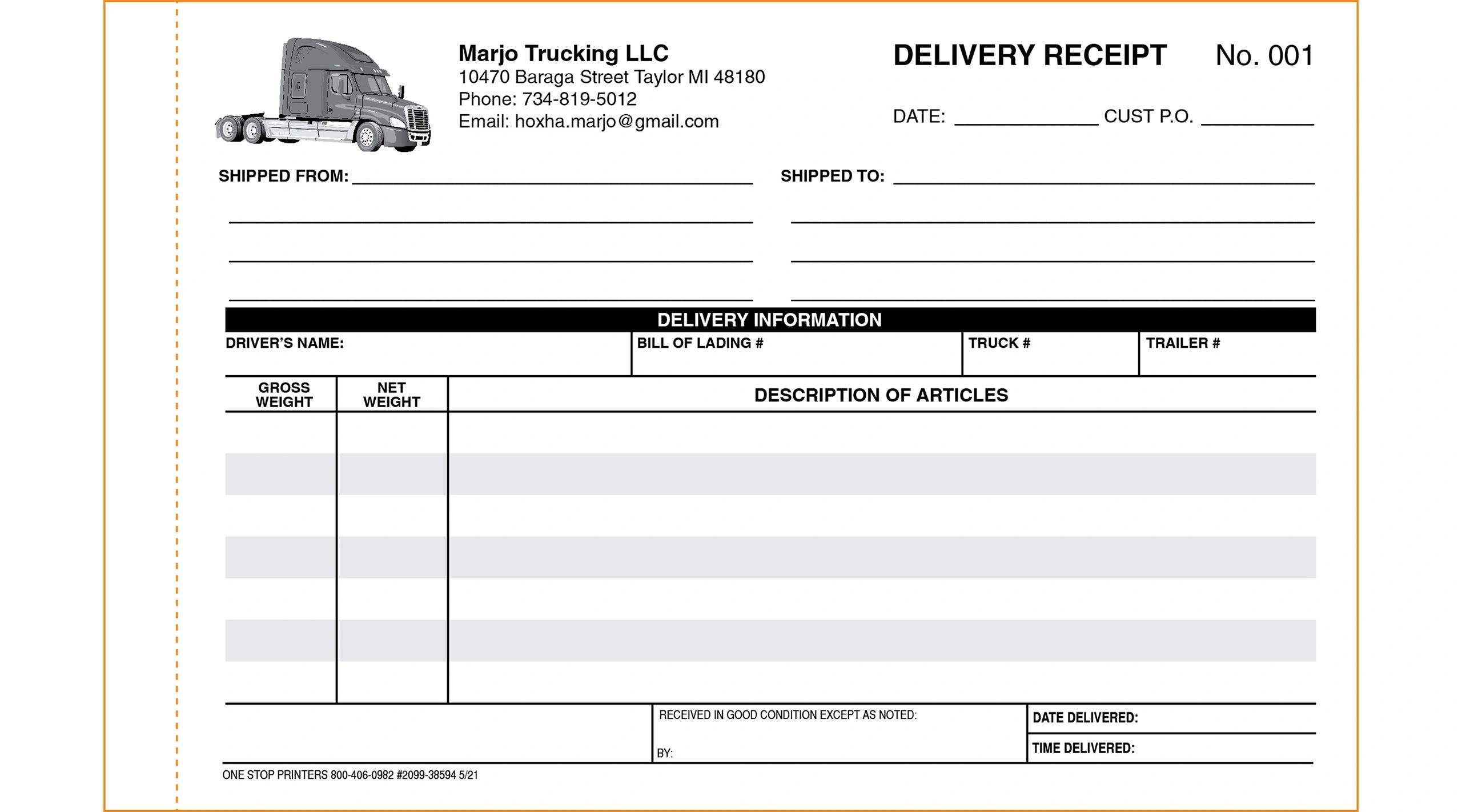 Last Mile Trucking Delivery Receipt