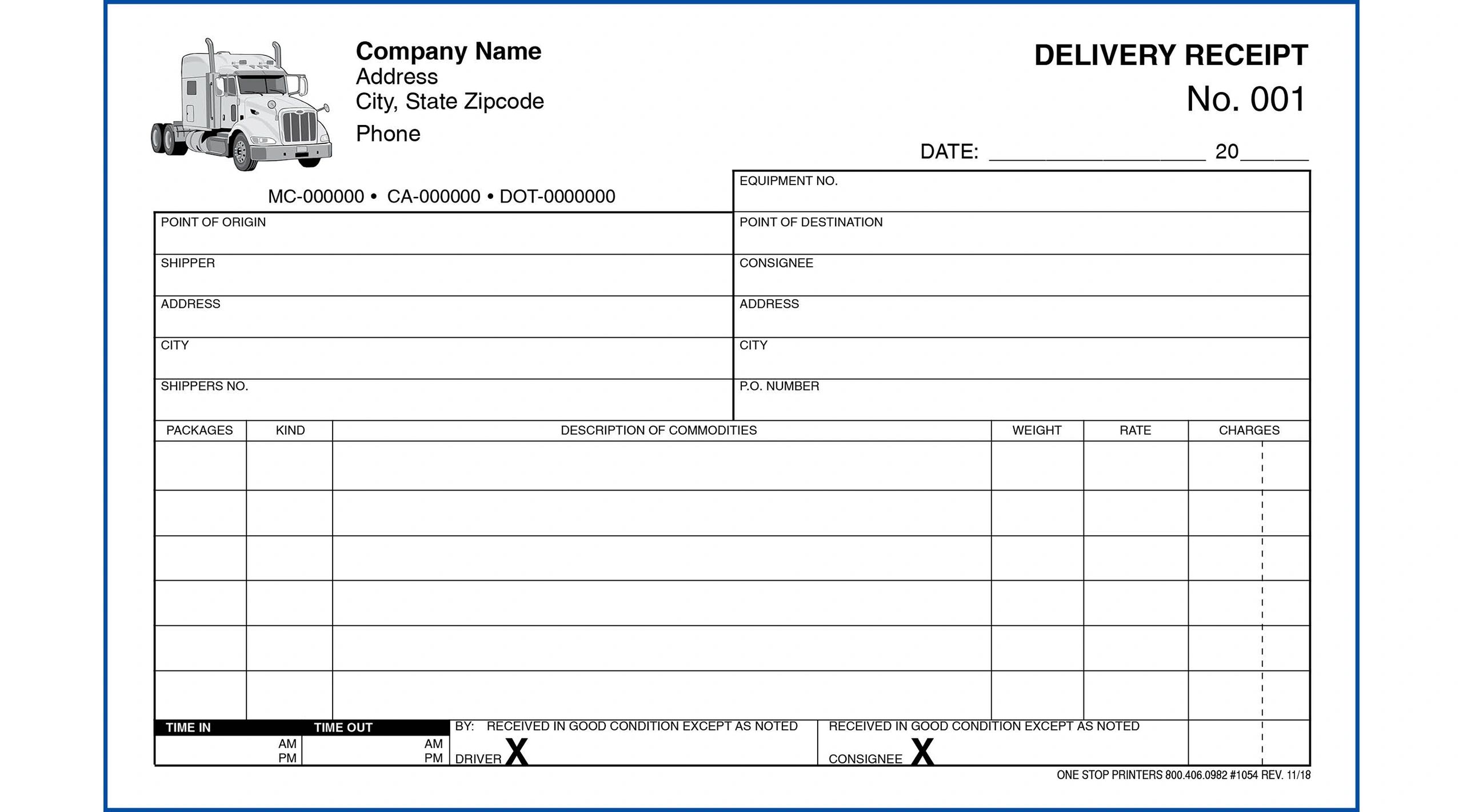 Trucking Package and Pallet Delivery Receipt/Invoice
