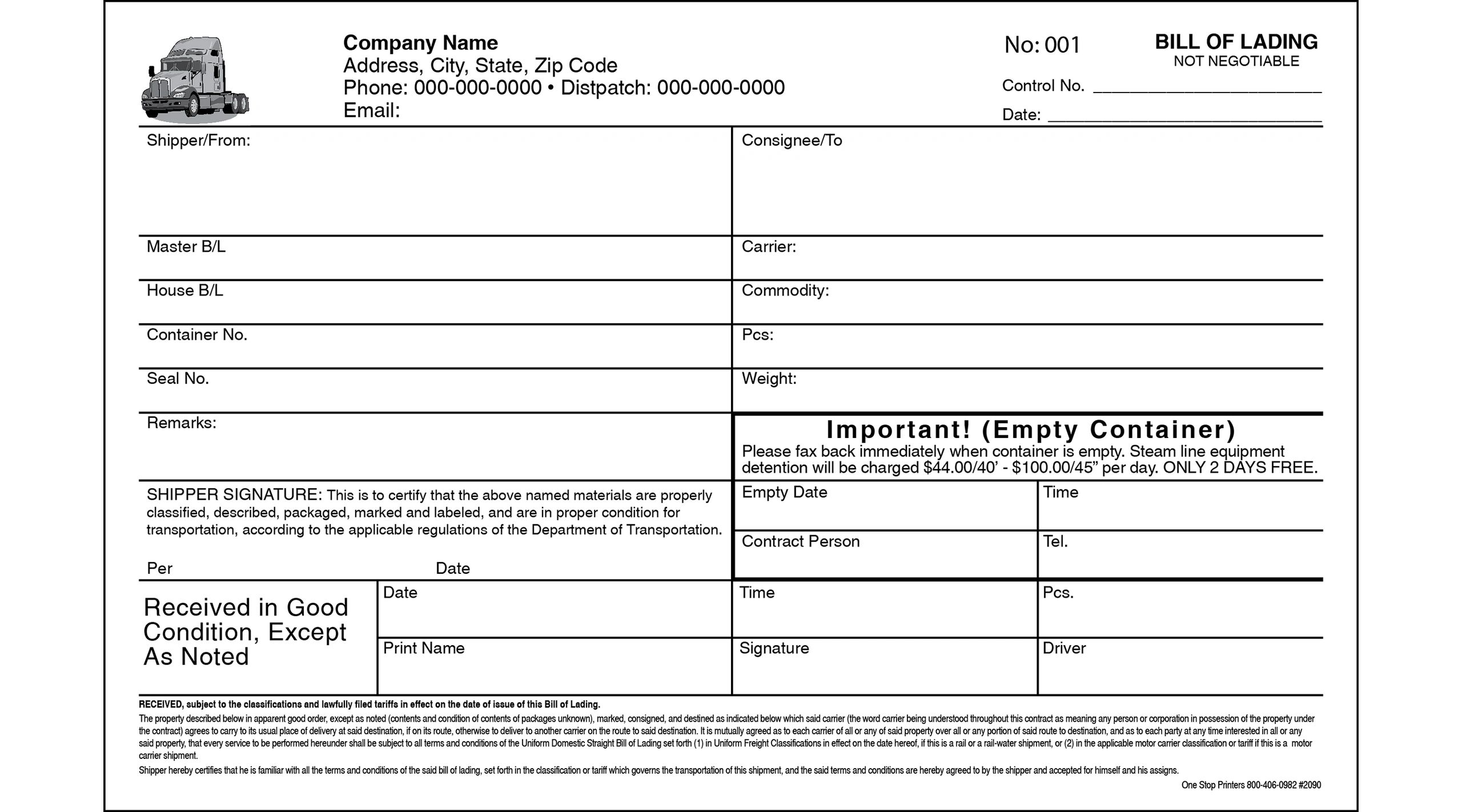 Container Truck Bill of Lading and Proof of Delivery