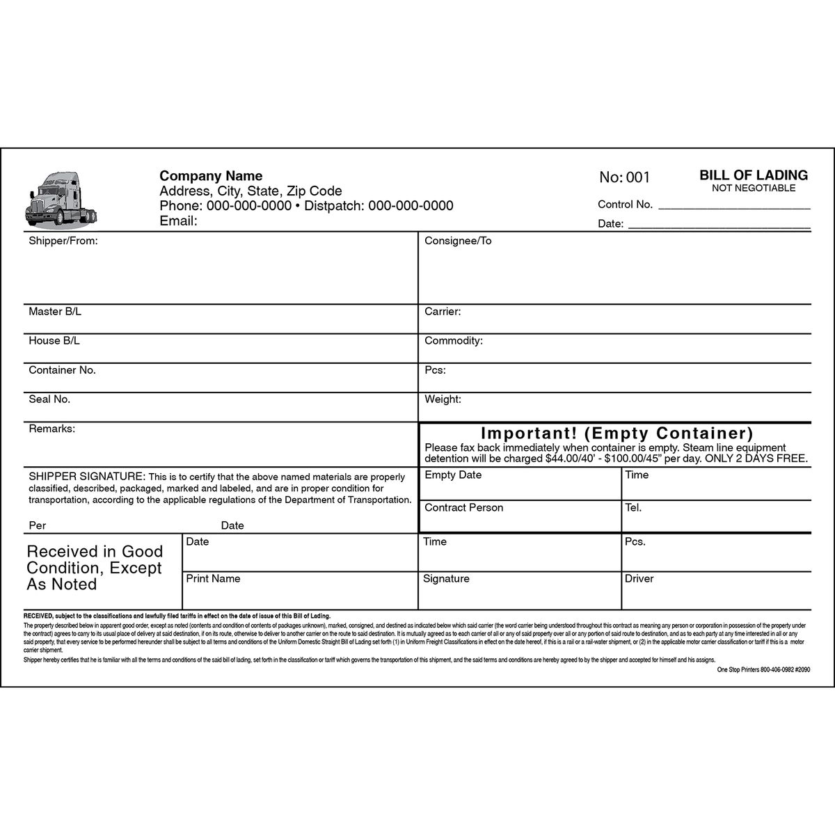 Trucking Container Bill of Lading #2090