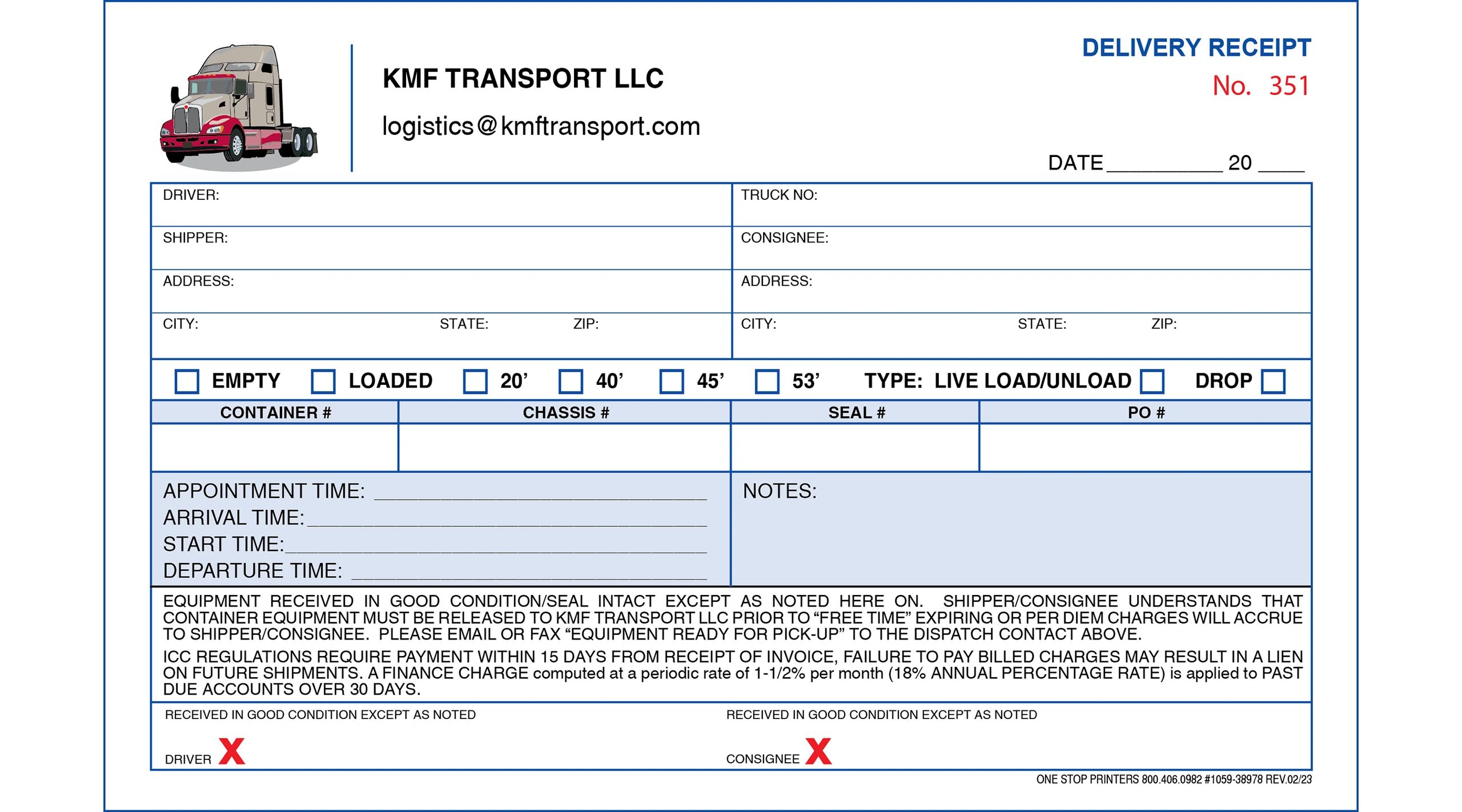 Container Truck Proof of Delivery and Delivery Receipt