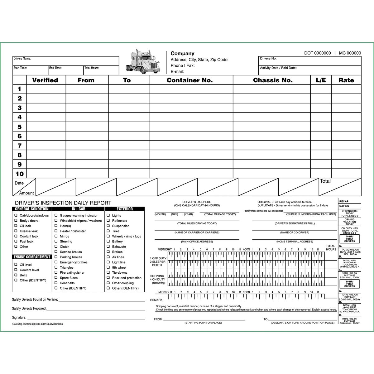 Driver's Log and Vehicle Inspection Report #1084
