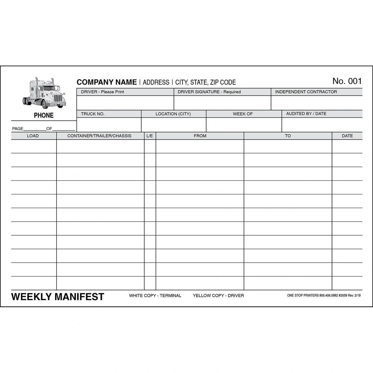 Weekly Manifest for Truck Drivers #2059