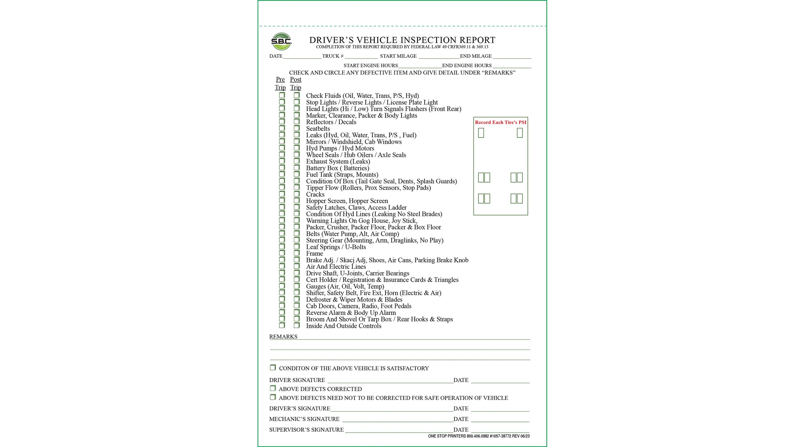 Trash Company’s Driver’s Vehicle Inspection Daily Report